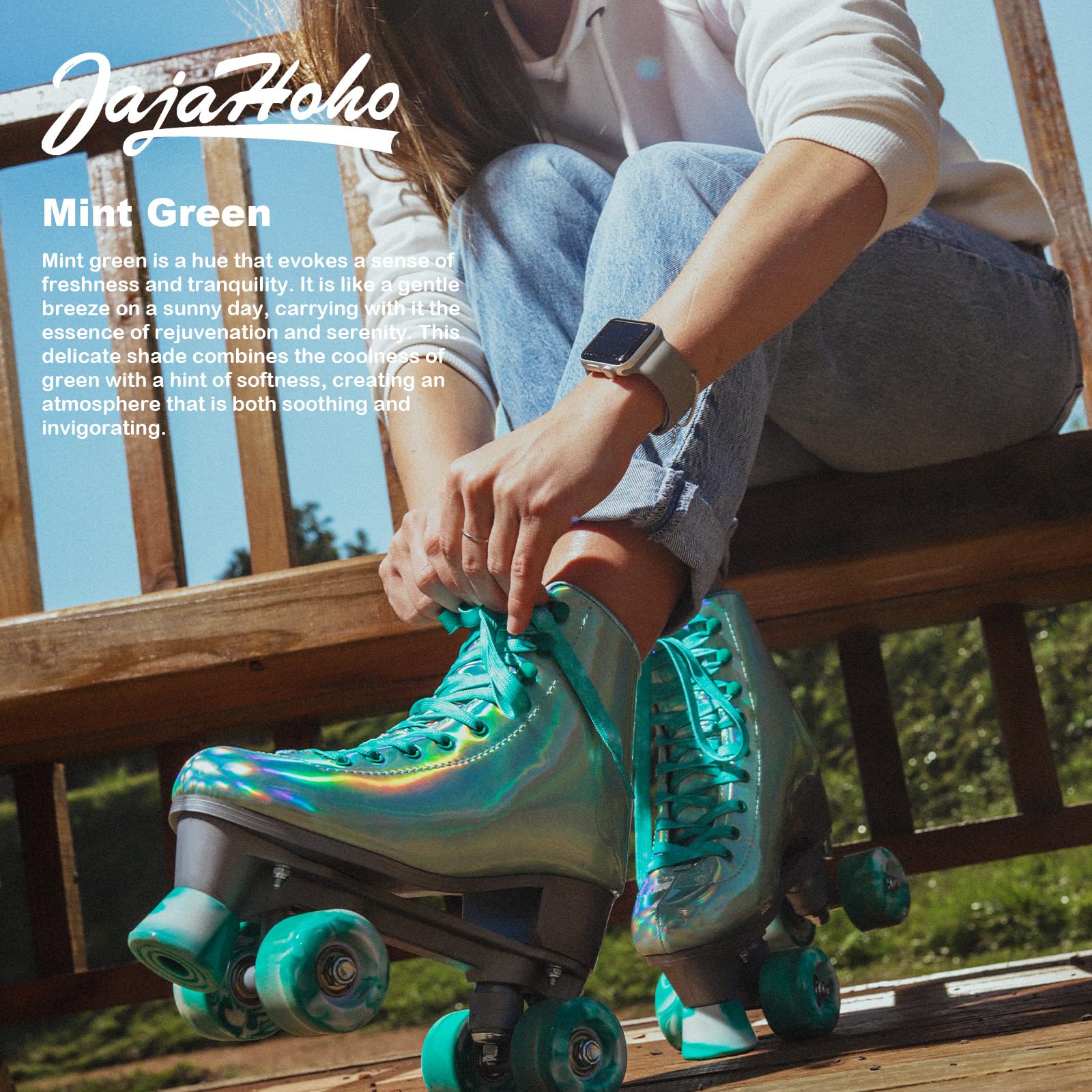 JajaHoho Roller Skates for Women, Shiny Holographic High Top Rollerskates, Double-Row Four Mixture Gradient Wheels Quad Skates for Girls Age 8-50 Indoor Outdoor (Size 3, Mint Green)