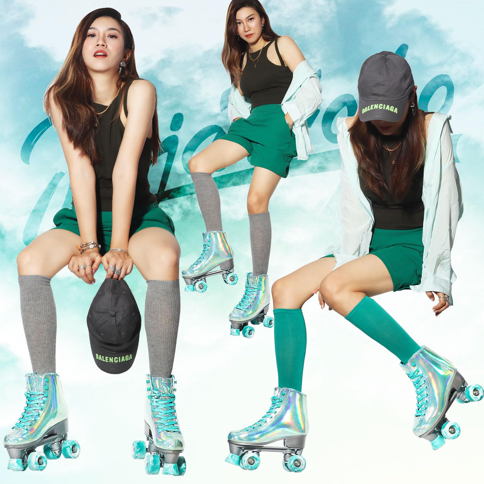 JajaHoho Roller Skates for Women, Shiny Holographic High Top Rollerskates, Double-Row Four Mixture Gradient Wheels Quad Skates for Girls Age 8-50 Indoor Outdoor (Size 3, Mint Green)