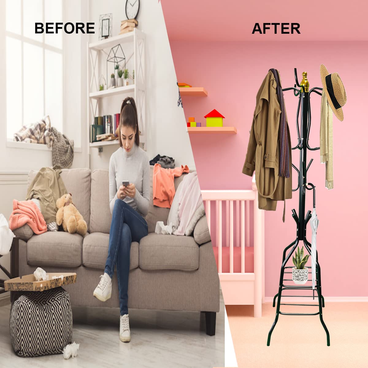ANAMPION Coat Rack Free Standing Entryway Metal Coat and Hat Hanger Organizer Stand With 20 Hooks Hall Tree stand with 2 shelves Umbrella Tree Stand Black…