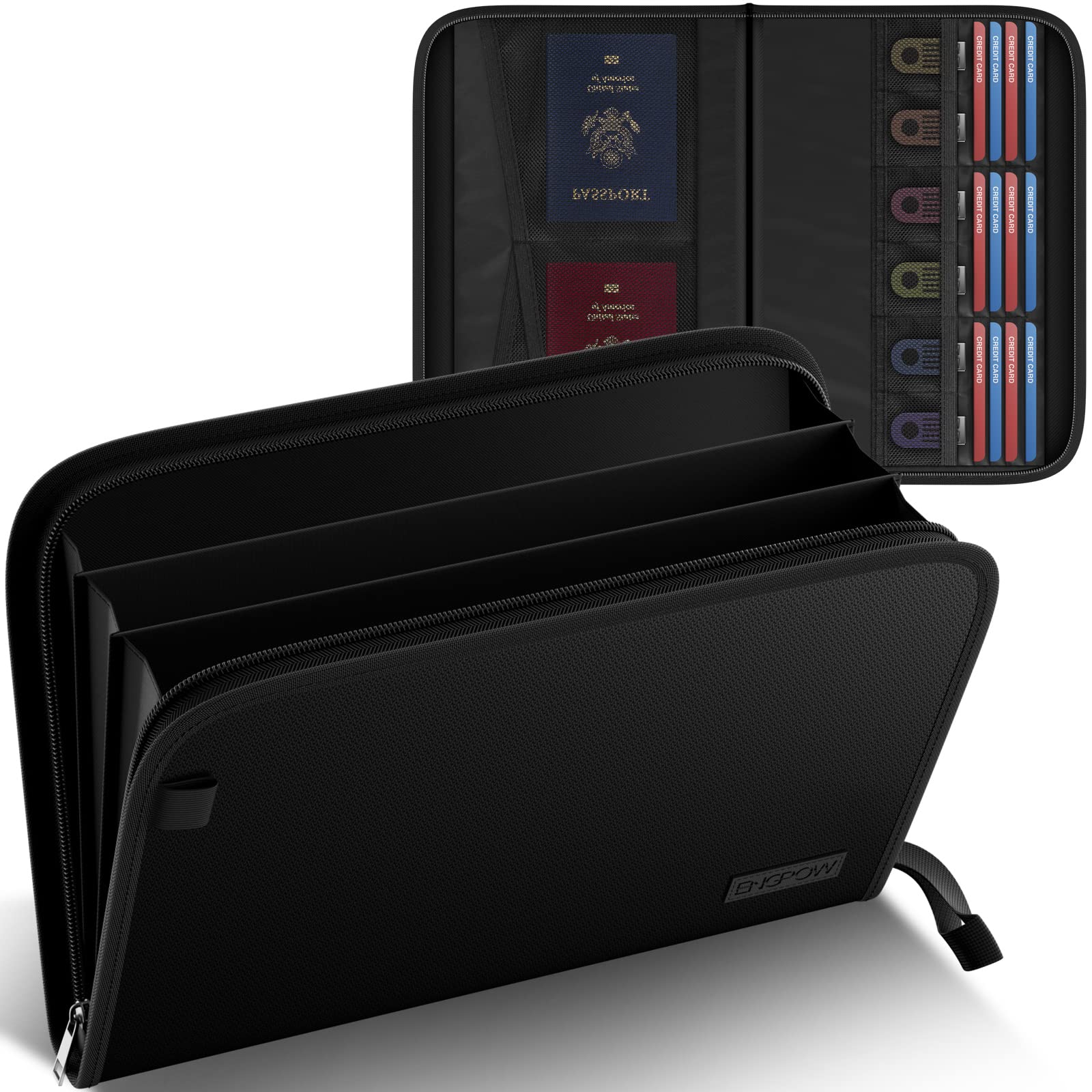 ENGPOW Expanding File Folder with Multi-Function Pockets,Fireproof File Organizer Accordion Document Organizer with Letter A4 Size Storage For Important Document,Money,Card,USB,Passport,3-Pocket,Black