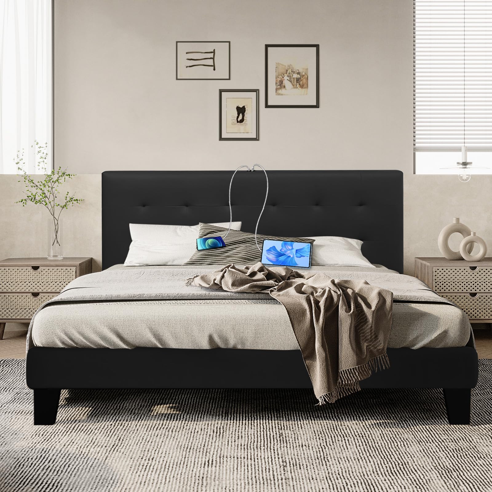 FANFX Full Size Bed Frame with Headboard, Modern Platform Bed Frame with Type-C & USB Ports, Adjustable Upholstered Headboard, No Box Spring Needed, Noise-Free(Black,Full)