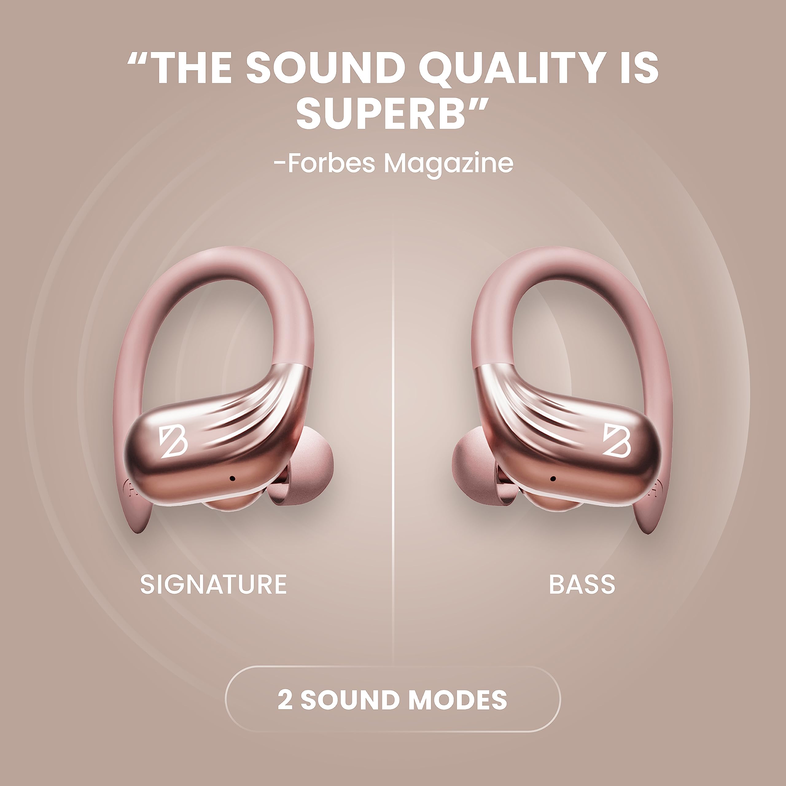 Back Bay Audio Runner 60 - Rose Gold Wireless Running Earbuds, 80 Hour Long Battery Life Over The Ear Earbuds with EarHooks, Wrap Around Ear Buds Wireless Bluetooth Earbuds with Microphone