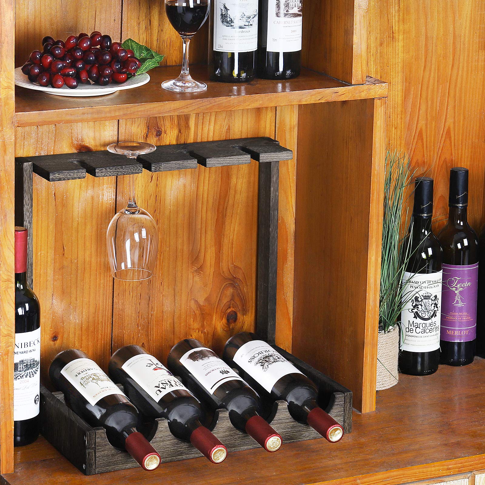 NANANARDOSO Wine Rack, Rustic Wood Wine Storage Shelf with Glass Holder Tabletop Wine Bottle Holder Organizer for Kitchen Cabinet Pantry (Rustic Brown, 4-Slot)