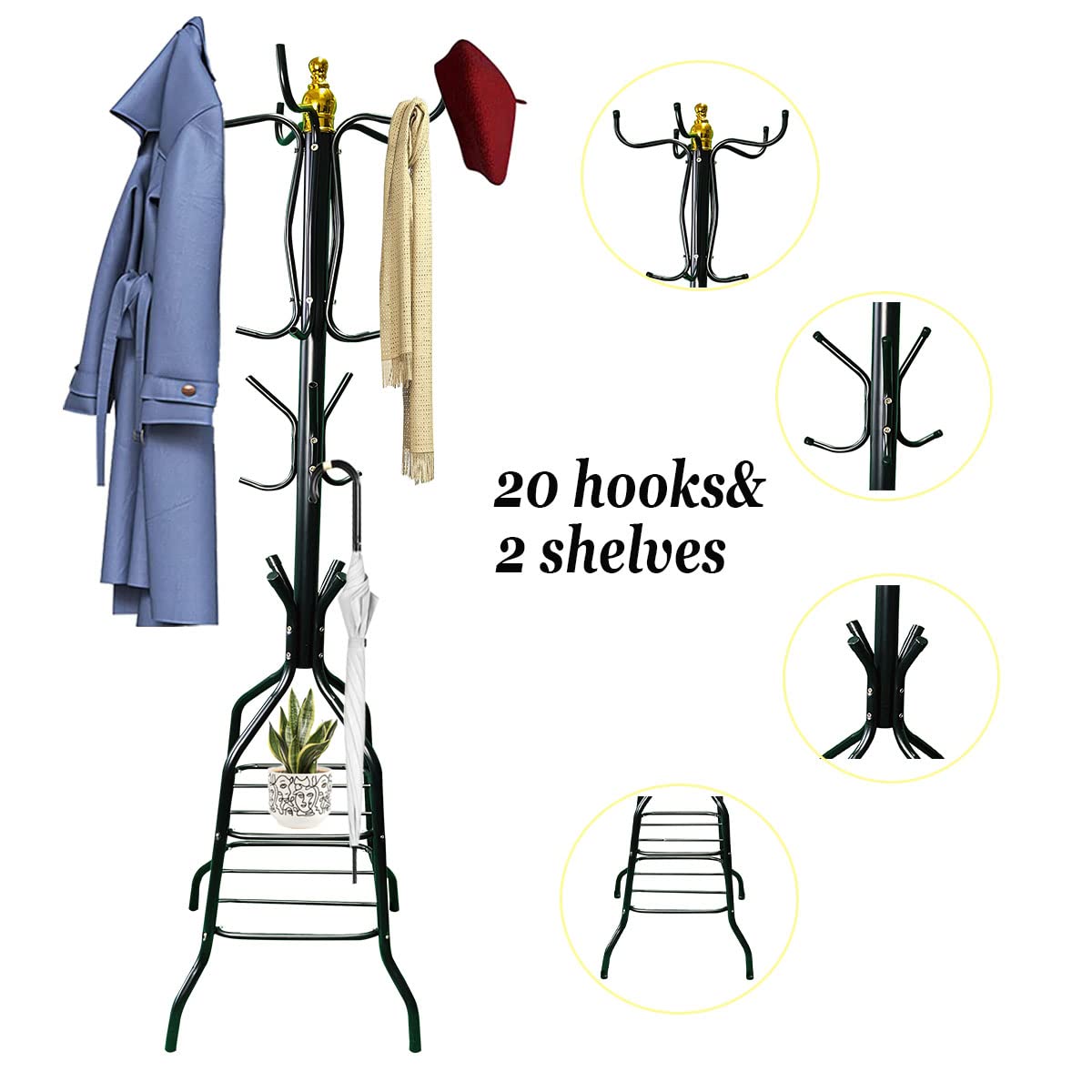 ANAMPION Coat Rack Free Standing Entryway Metal Coat and Hat Hanger Organizer Stand With 20 Hooks Hall Tree stand with 2 shelves Umbrella Tree Stand Black…