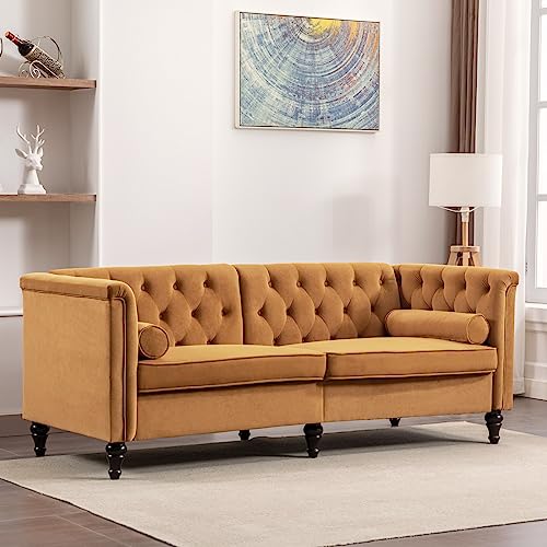 TTGIEET 76'' W Velvet Sofa Mid-Century Modern Love Seats, 3 Seater Sofa Couch with Two Bolster Pillows, Tufted futon Sofa Furniture for Living Room Bedroom Office （Ginger）