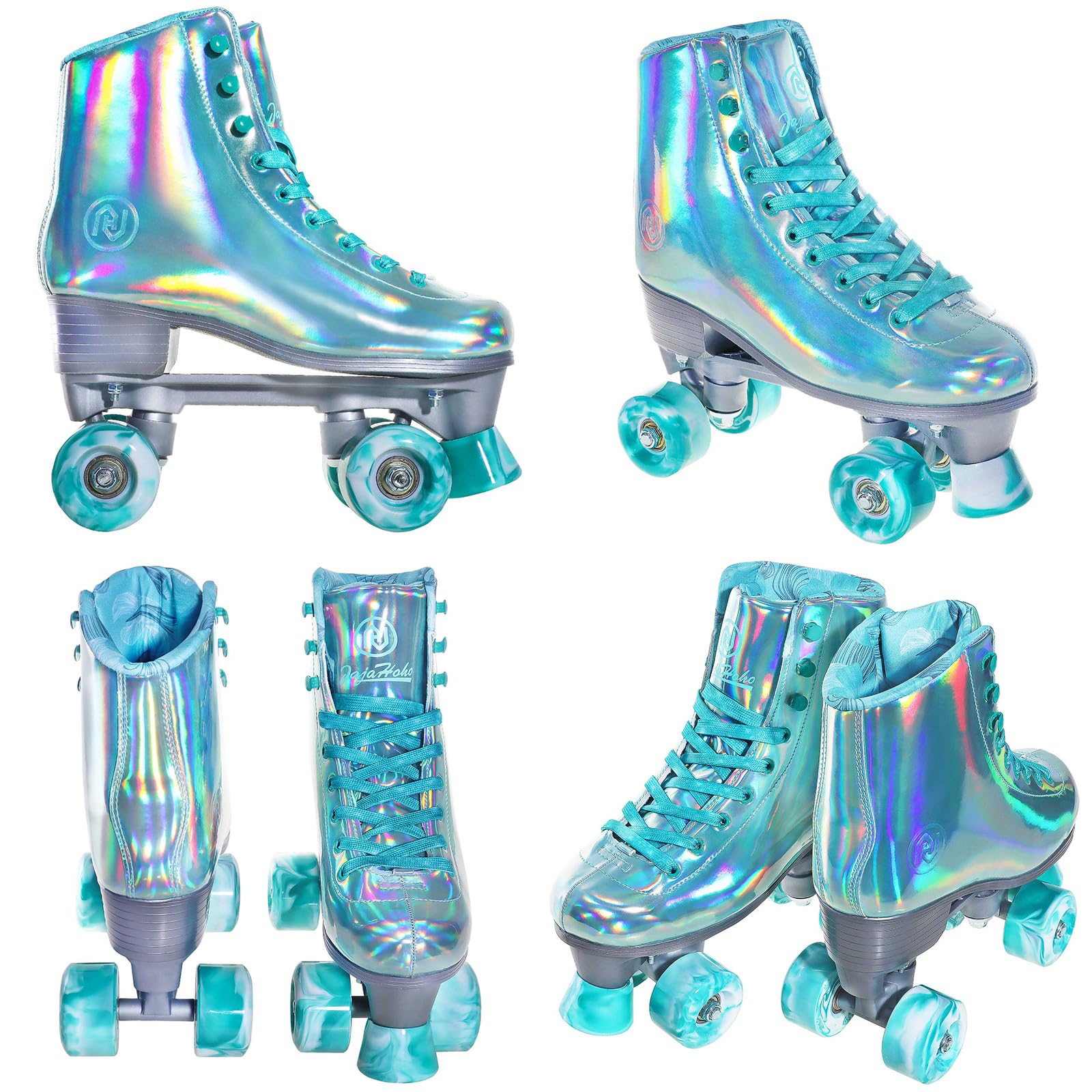 JajaHoho Roller Skates for Women, Shiny Holographic High Top Rollerskates, Double-Row Four Mixture Gradient Wheels Quad Skates for Girls Age 8-50 Indoor Outdoor (Size 3, Mint Green)