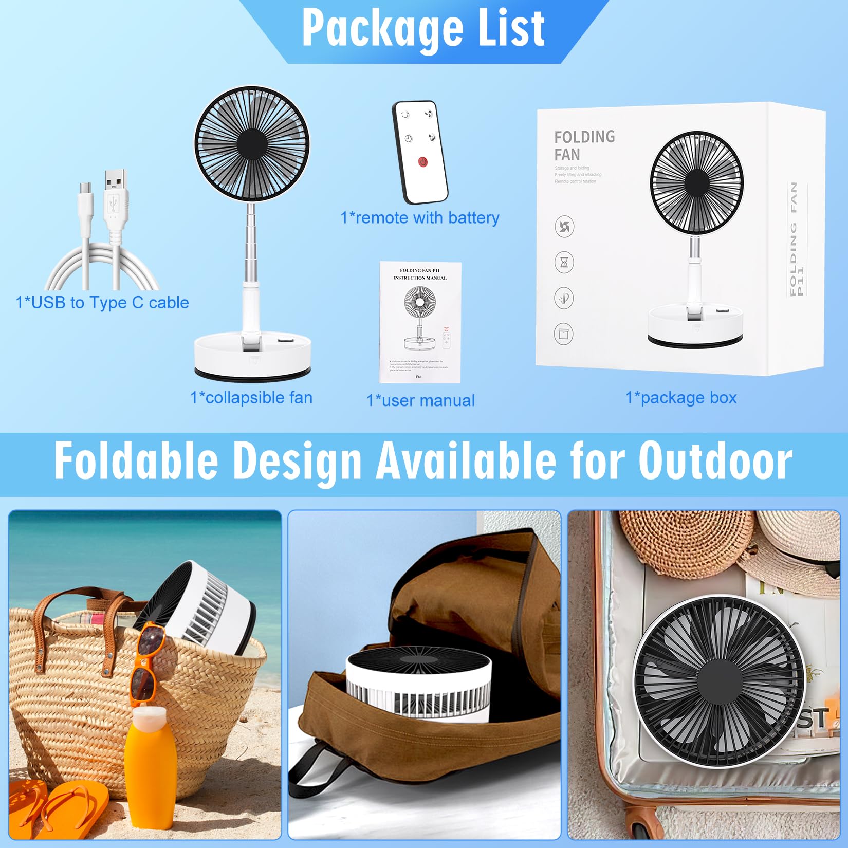 LIPETY Portable Foldable Rechargeable Oscillating Fan - 8" 7200mah Battery Operated USB C Small Fan Remote, Quiet Table Desk Fan Folding Standing Pedestal Fan for Bedroom Rome Office Camping Travel