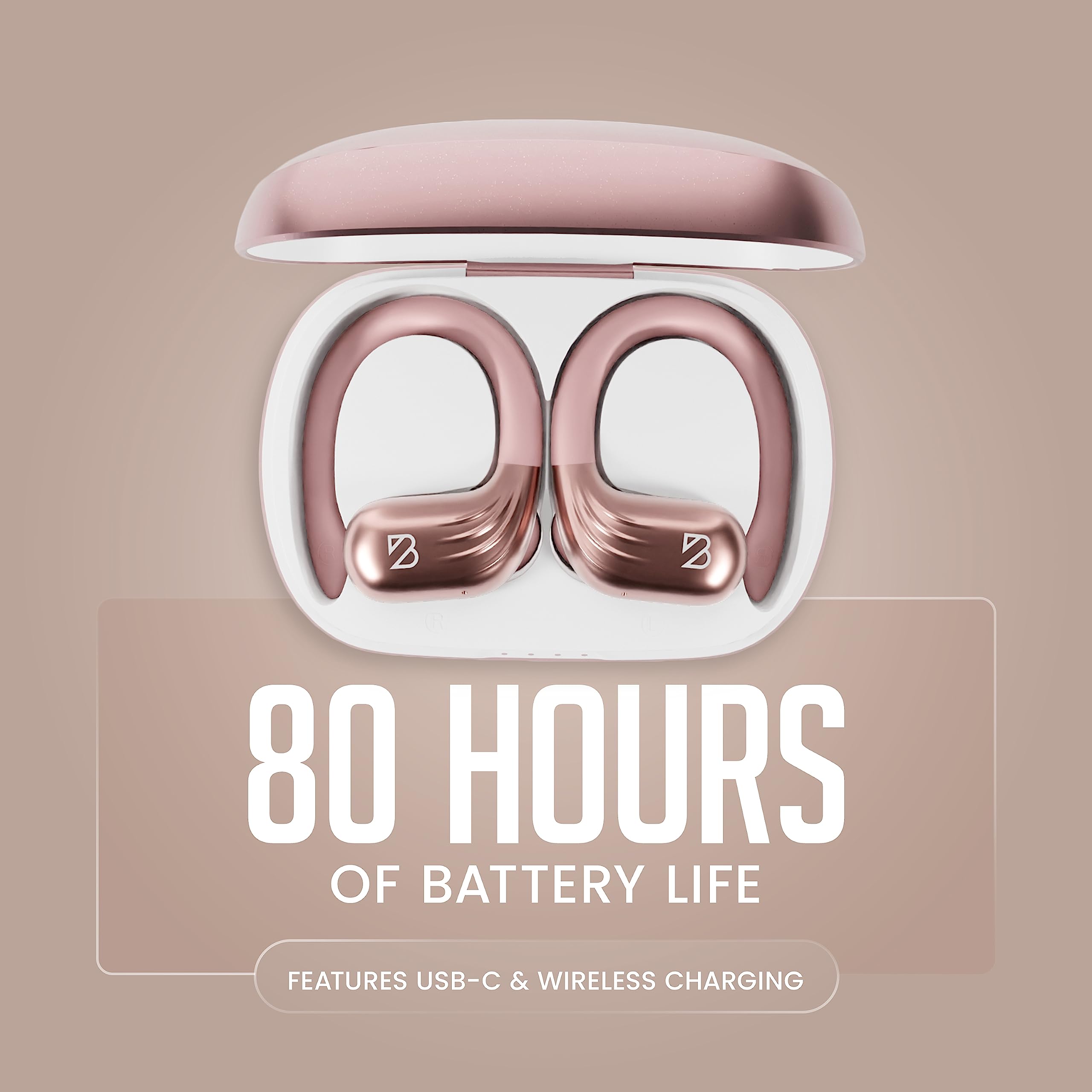 Back Bay Audio Runner 60 - Rose Gold Wireless Running Earbuds, 80 Hour Long Battery Life Over The Ear Earbuds with EarHooks, Wrap Around Ear Buds Wireless Bluetooth Earbuds with Microphone