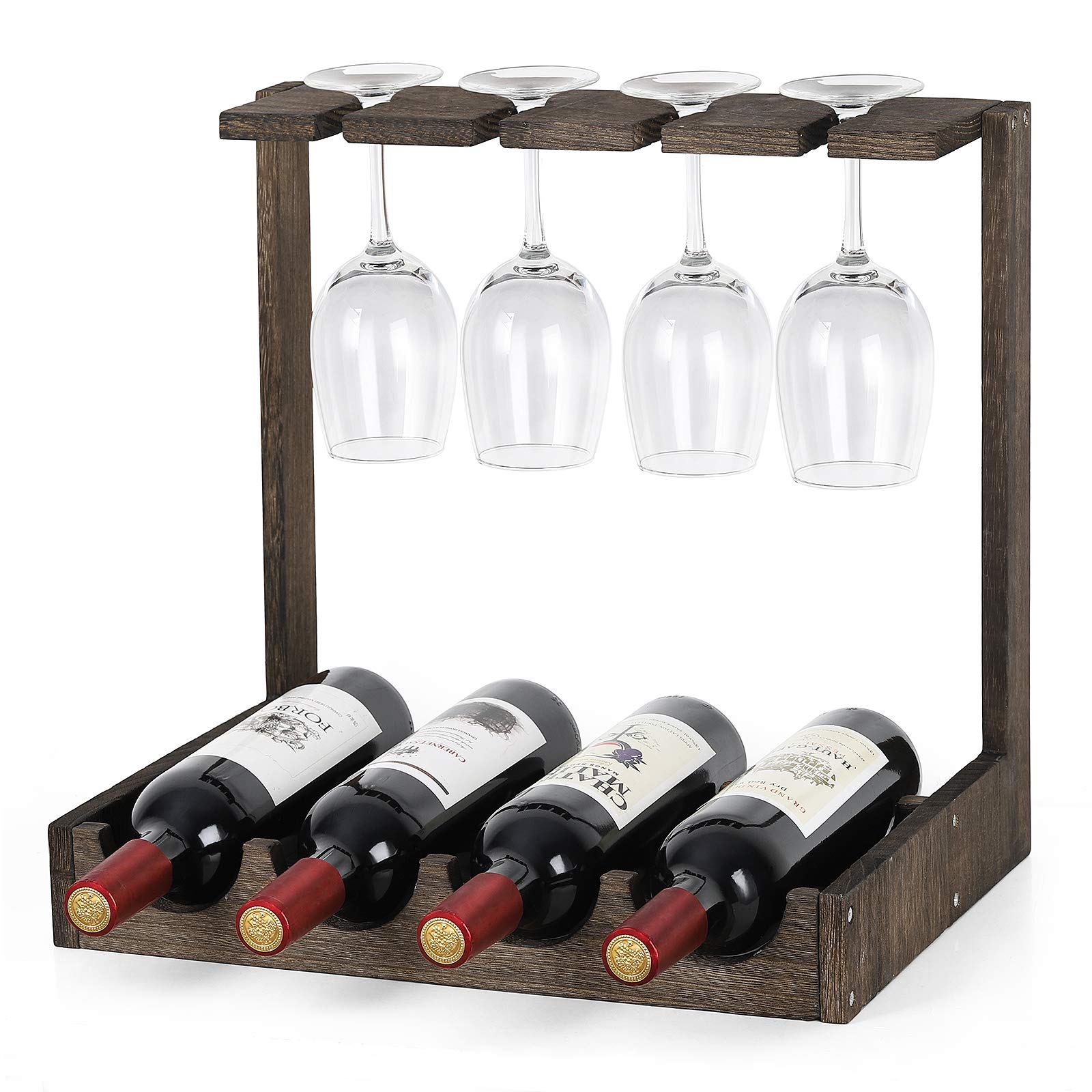 NANANARDOSO Wine Rack, Rustic Wood Wine Storage Shelf with Glass Holder Tabletop Wine Bottle Holder Organizer for Kitchen Cabinet Pantry (Rustic Brown, 4-Slot)