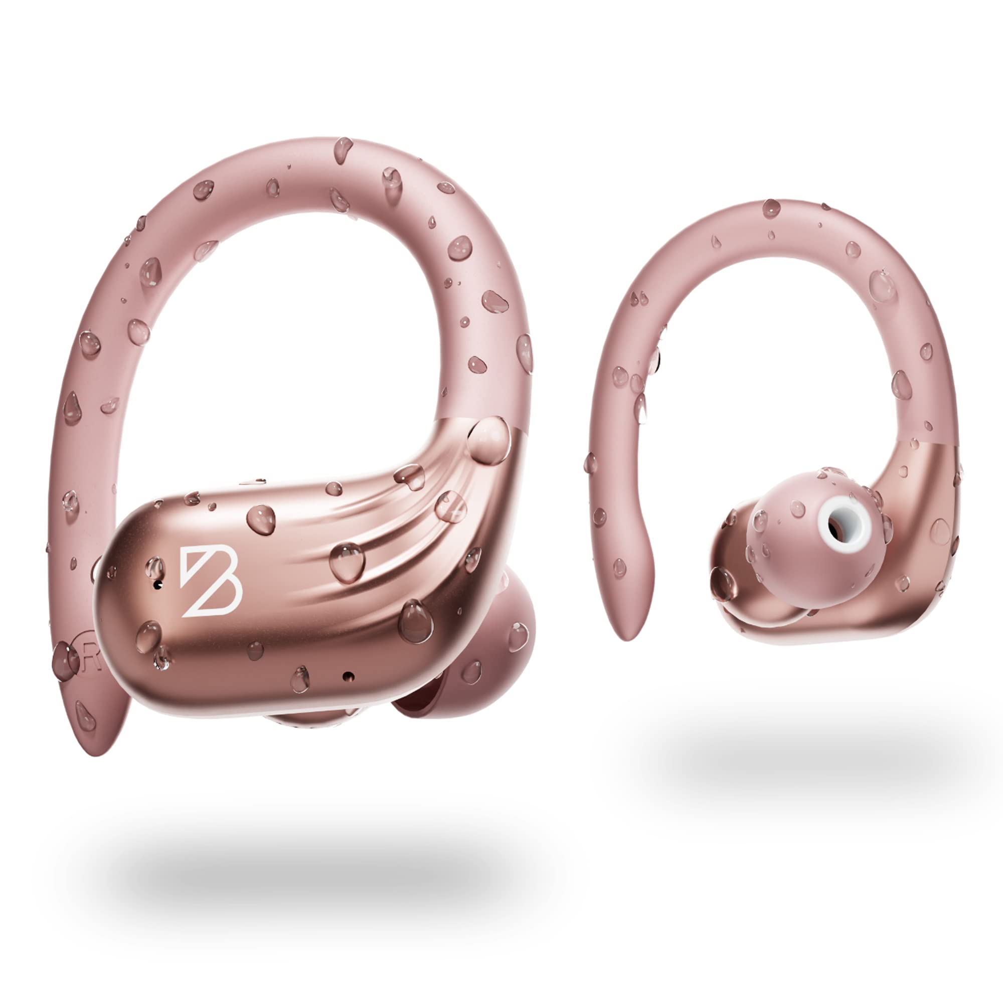 Back Bay Audio Runner 60 - Rose Gold Wireless Running Earbuds, 80 Hour Long Battery Life Over The Ear Earbuds with EarHooks, Wrap Around Ear Buds Wireless Bluetooth Earbuds with Microphone