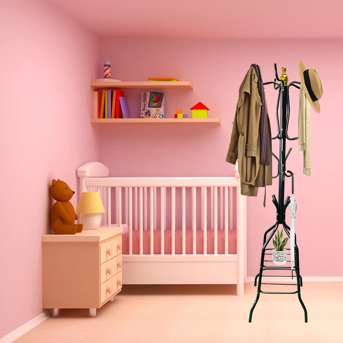 ANAMPION Coat Rack Free Standing Entryway Metal Coat and Hat Hanger Organizer Stand With 20 Hooks Hall Tree stand with 2 shelves Umbrella Tree Stand Black…