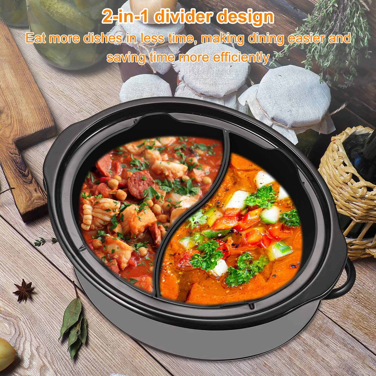 Slow Cooker Divider Liner Fit for 6 QT Pot, Silicone Crock Pot Cooking Liners Insert, Heat Resistant Reusable Slow Cooker Crock Pot Divider Insert, Leakproof & Dishwasher Safe(Black)