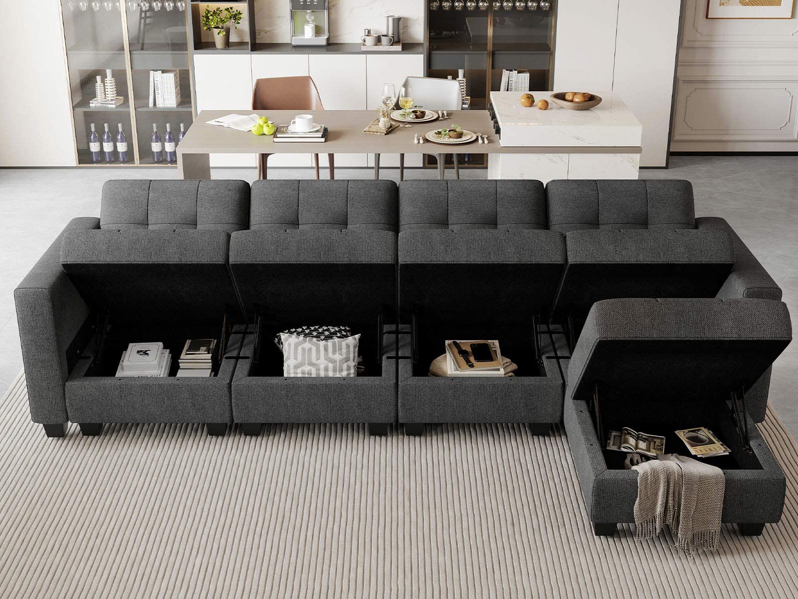 Belffin Convertible Modular Sectional Sofa Couch with Storage Seat L Shaped 4-Seat Sofa Couch with Reversible Chaise Modular Sectional Fabric Dark Grey