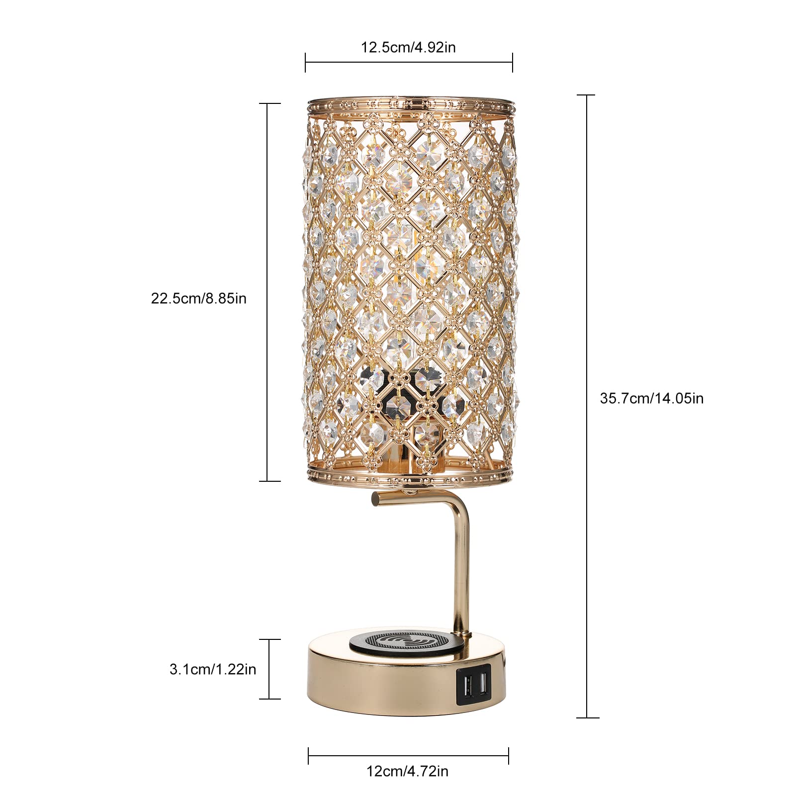 Neoglint Crystal Table Lamp - Gold Bedside Lamps with USB Port & Wireless Charger, Modern 3 Way Dimmable Nightstand Touch Lamps for Bedrooms Living Room(6W Bulb Included)