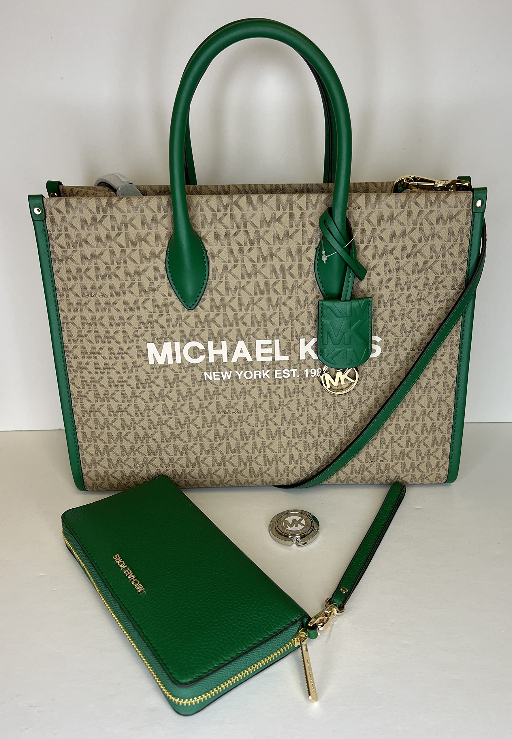 Michael Kors Mirella MD EW Logo Tote Bag bundled with Large Continental Wallet and Purse Hook (Palmetto Green)