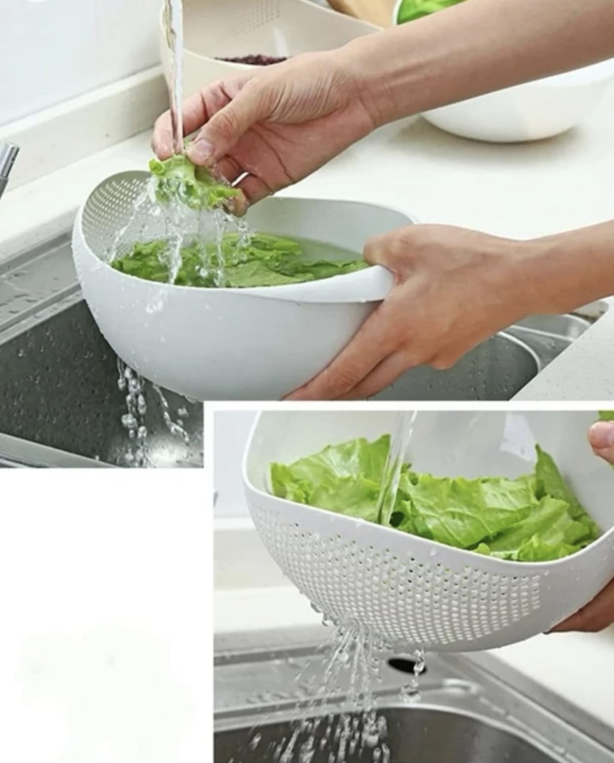 2-In-1 Rice Strainer, Beans Washer Strainers and Colanders - Washing Bowl for Vegetables and Fruits (white)