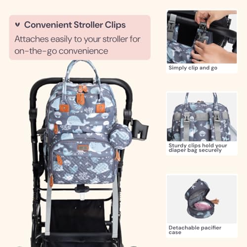 BabbleRoo Diaper Bag Backpack - Baby Essentials Travel Tote - Multi function Waterproof Diaper Bag, Travel Essentials Baby Bag with Changing Pad, Stroller Straps & Pacifier Case - Unisex, Sea Animals
