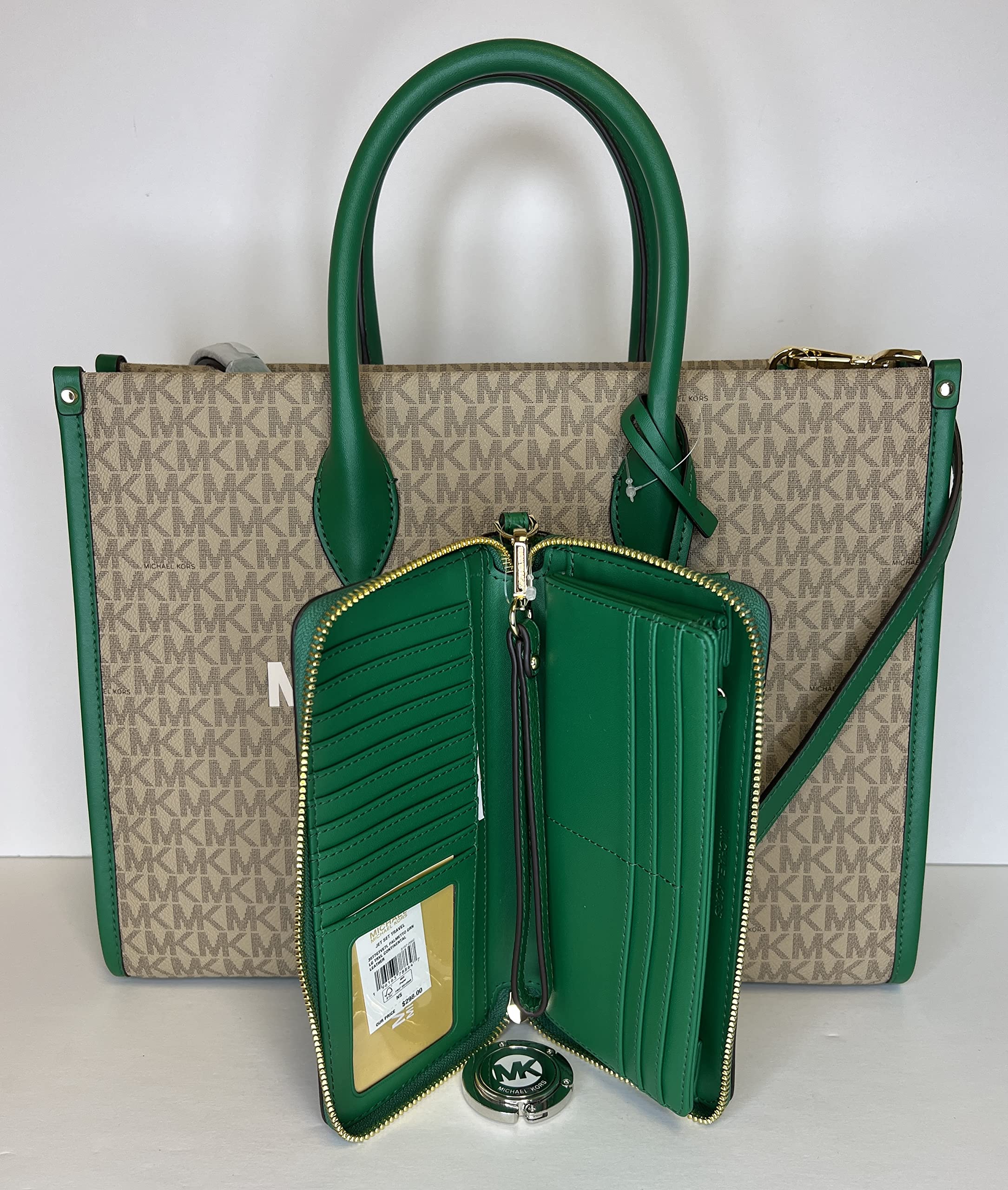 Michael Kors Mirella MD EW Logo Tote Bag bundled with Large Continental Wallet and Purse Hook (Palmetto Green)