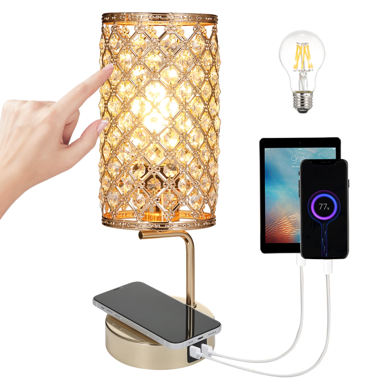 Neoglint Crystal Table Lamp - Gold Bedside Lamps with USB Port & Wireless Charger, Modern 3 Way Dimmable Nightstand Touch Lamps for Bedrooms Living Room(6W Bulb Included)