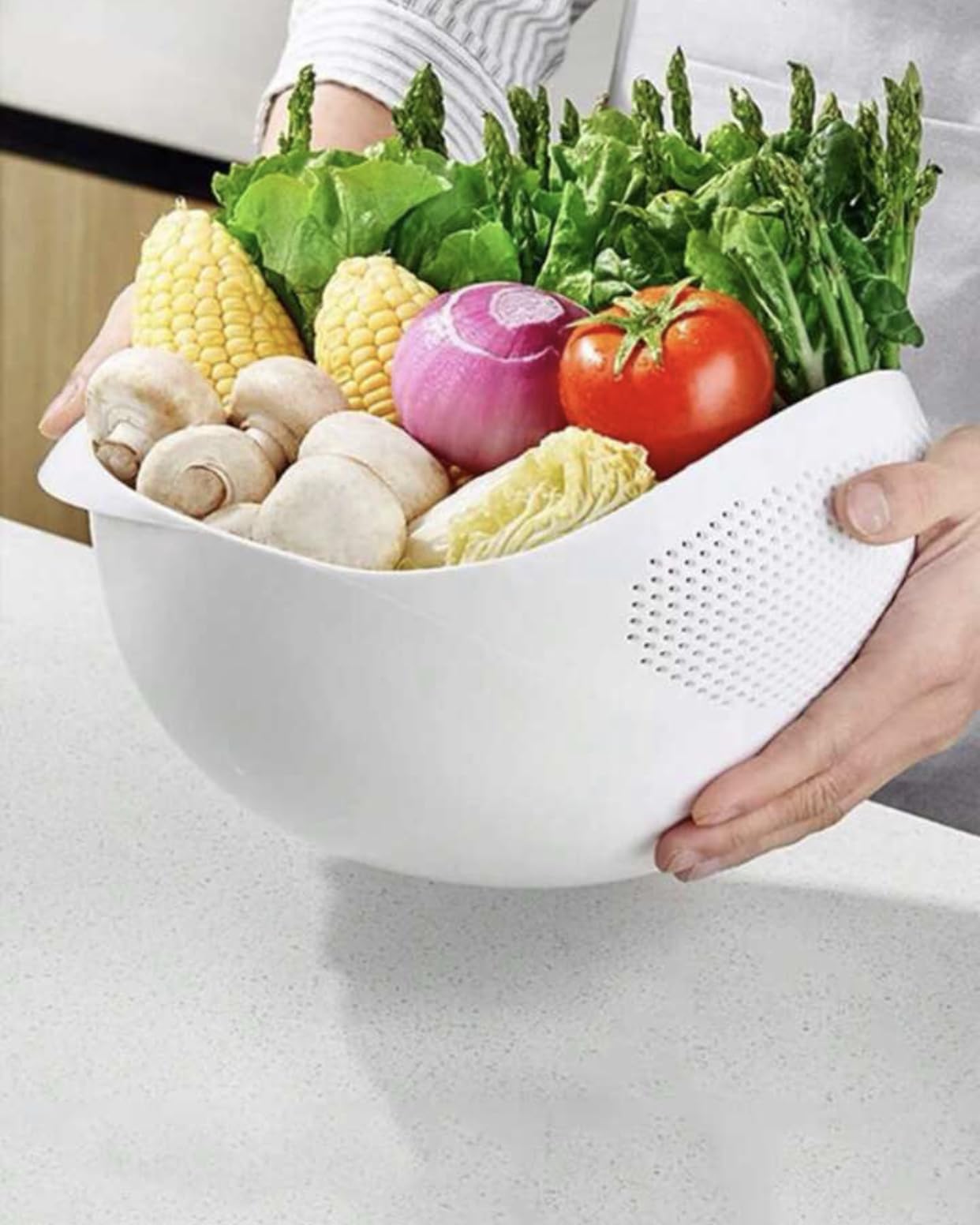 2-In-1 Rice Strainer, Beans Washer Strainers and Colanders - Washing Bowl for Vegetables and Fruits (white)