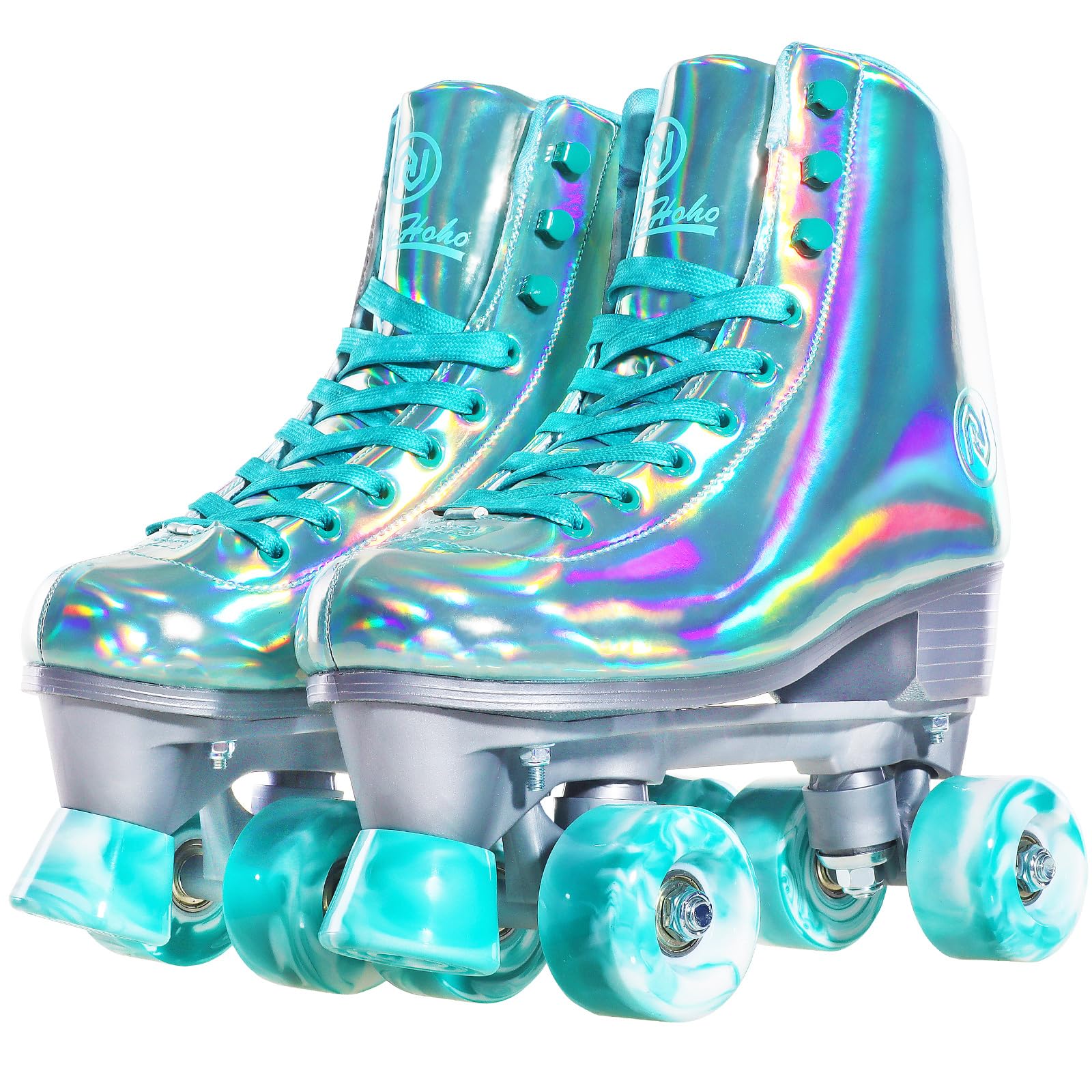 JajaHoho Roller Skates for Women, Shiny Holographic High Top Rollerskates, Double-Row Four Mixture Gradient Wheels Quad Skates for Girls Age 8-50 Indoor Outdoor (Size 3, Mint Green)