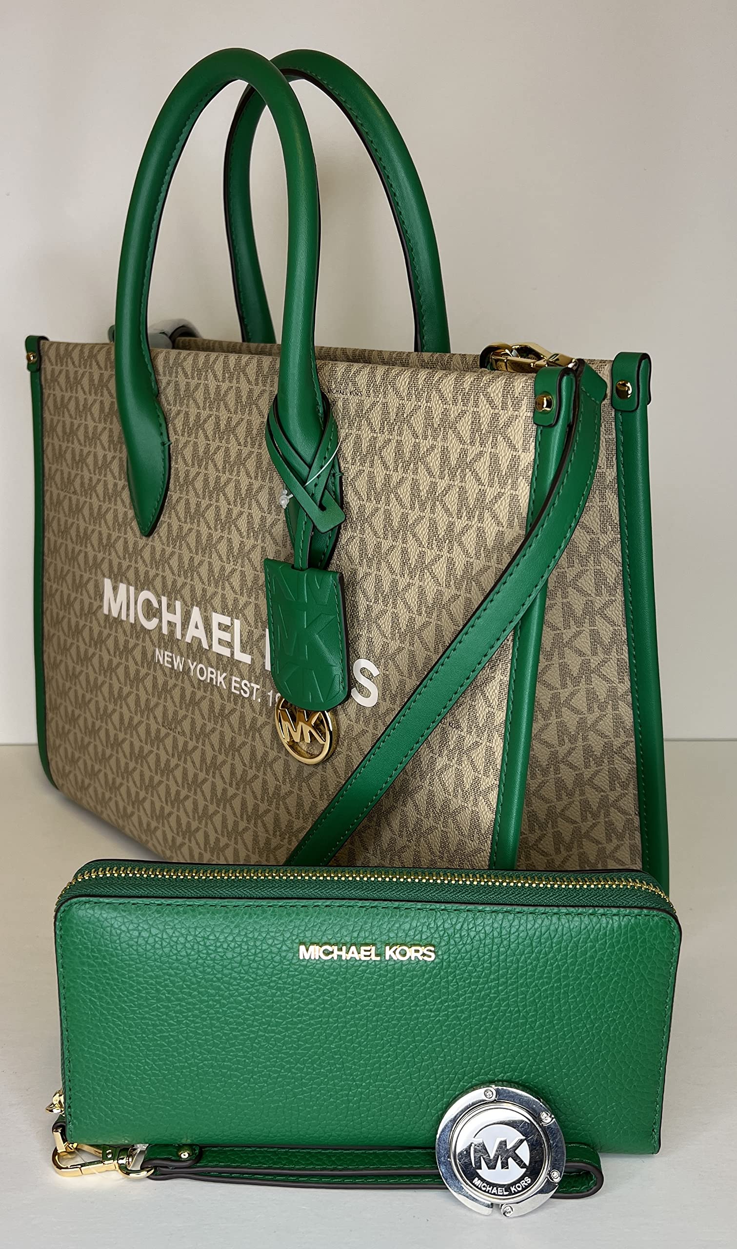 Michael Kors Mirella MD EW Logo Tote Bag bundled with Large Continental Wallet and Purse Hook (Palmetto Green)