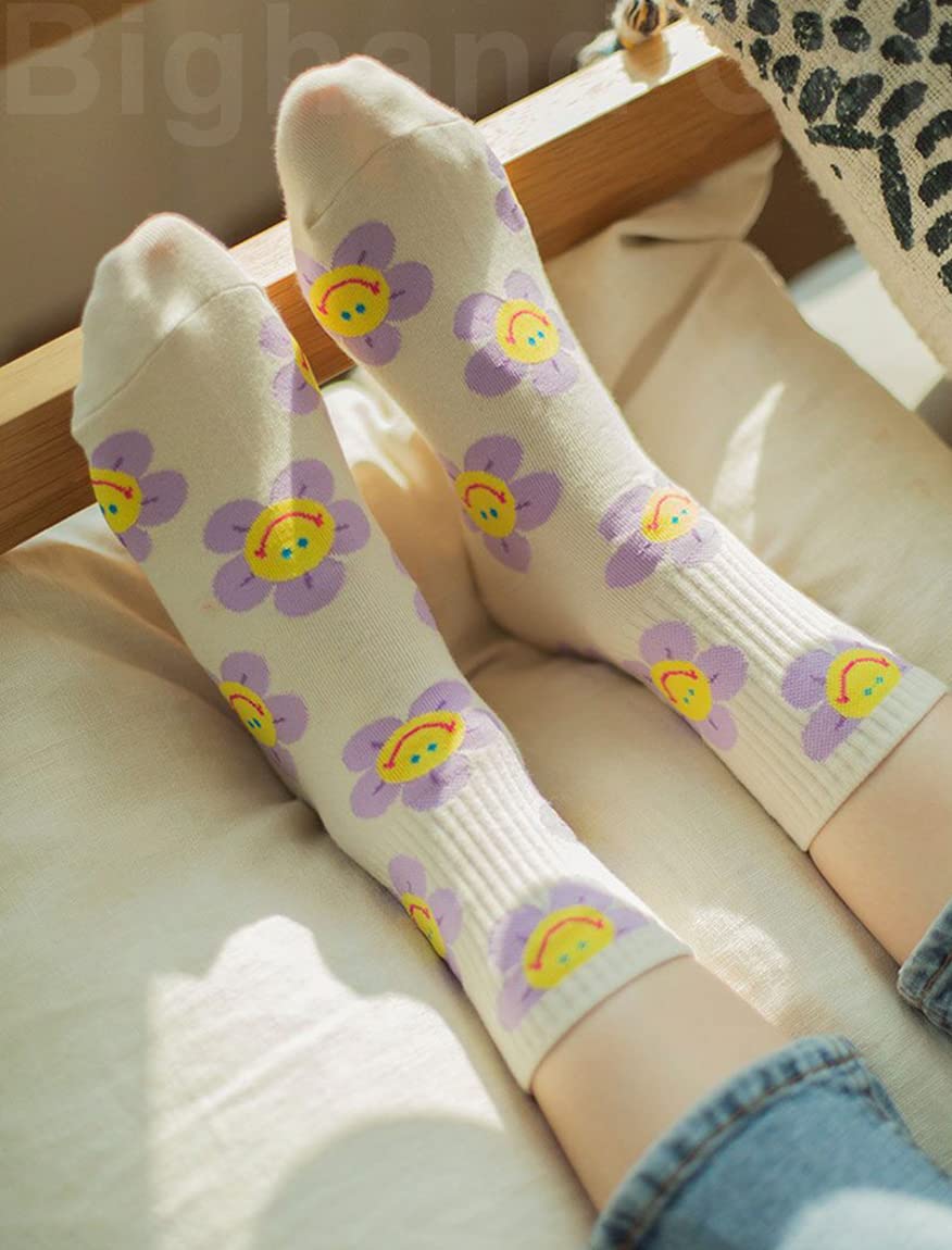 IIG 3-6 Pairs Womens Cute Animal Patterned Funny Novelty Cotton Crew Socks (Flower 2-5 pairs)