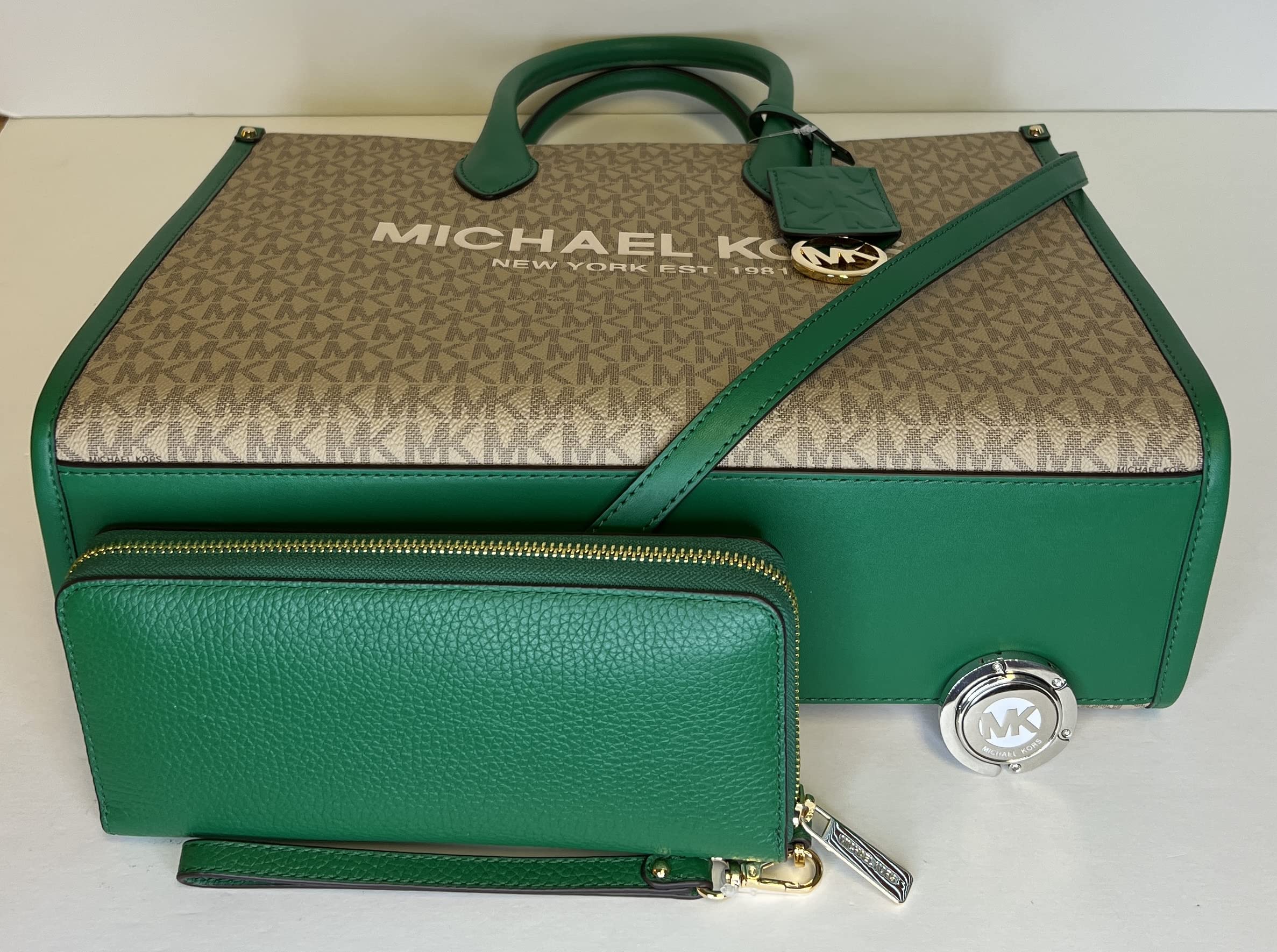 Michael Kors Mirella MD EW Logo Tote Bag bundled with Large Continental Wallet and Purse Hook (Palmetto Green)