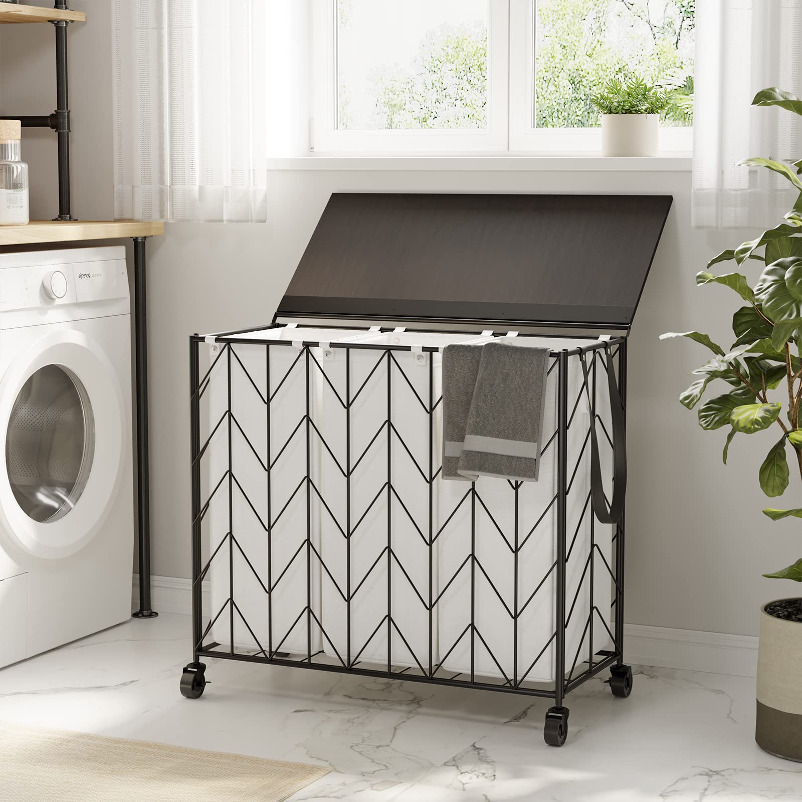 WOWLIVE Laundry Basket with Wheels, 142L Laundry Hamper 3 Section with Lid, Dirty Clothes Hamper with Removable Bags, Large Capacity Iron-Made Laundry Basket Organizer Laundry Sorter for Dorm, Beige