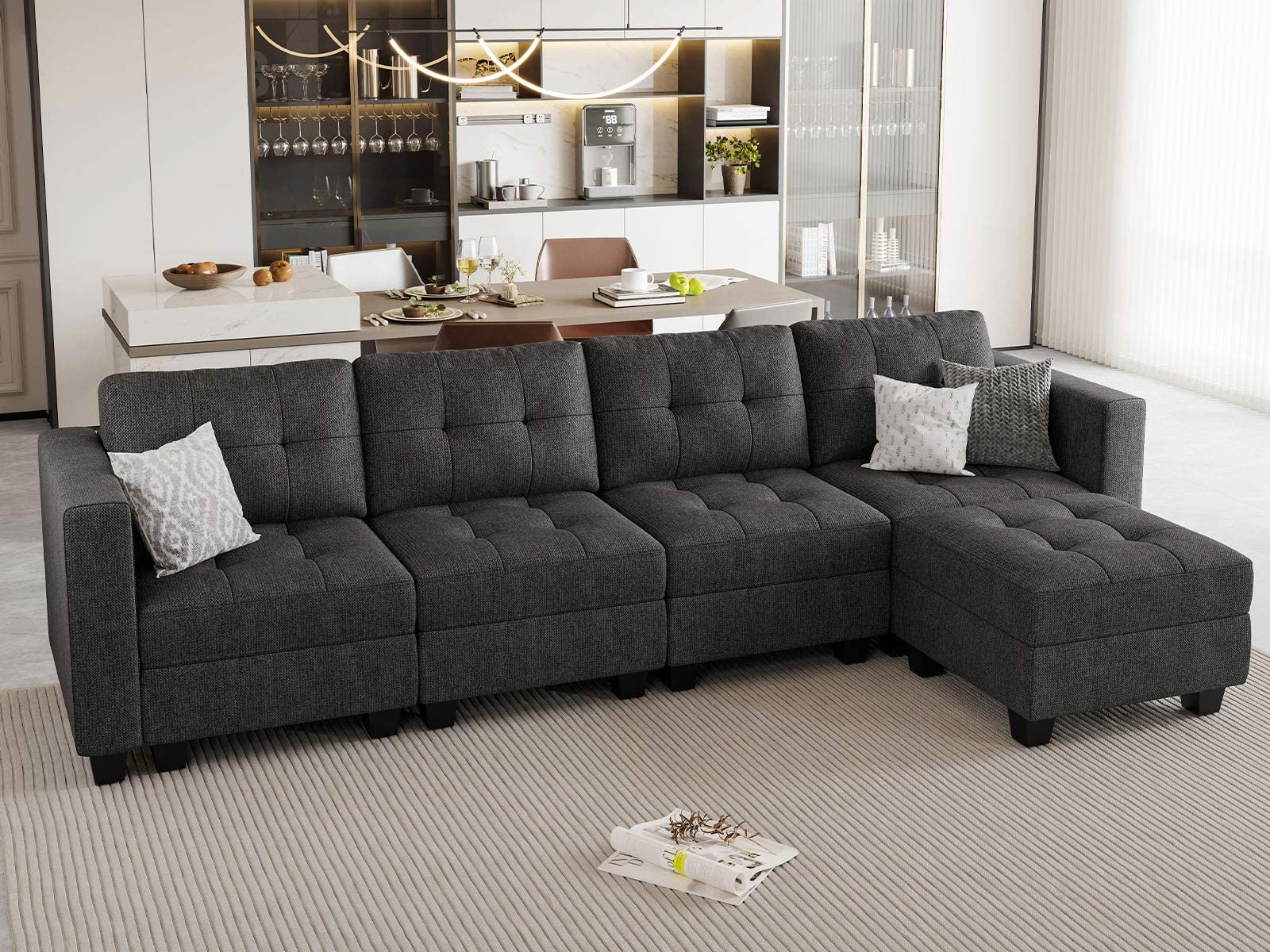 Belffin Convertible Modular Sectional Sofa Couch with Storage Seat L Shaped 4-Seat Sofa Couch with Reversible Chaise Modular Sectional Fabric Dark Grey
