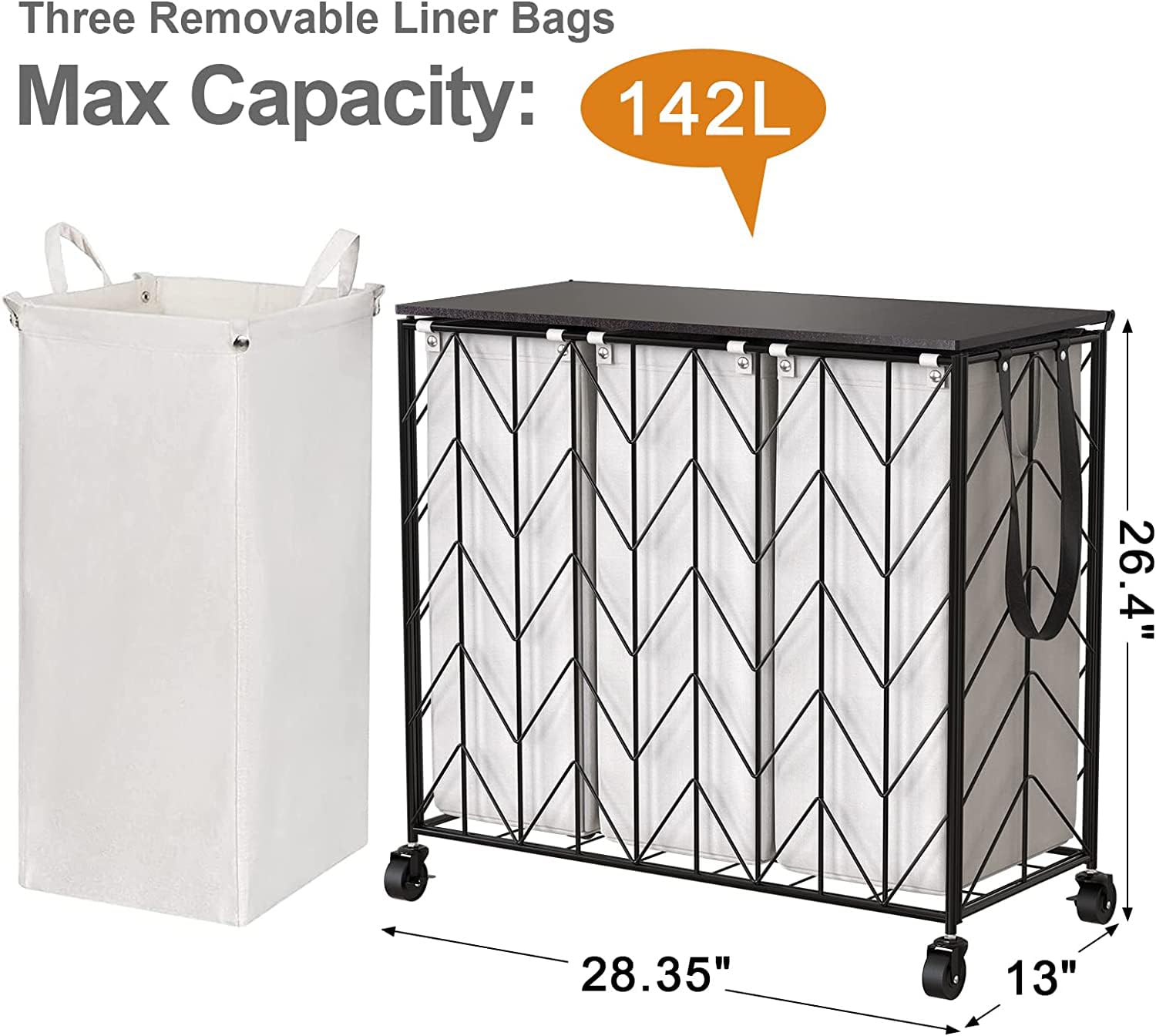 WOWLIVE Laundry Basket with Wheels, 142L Laundry Hamper 3 Section with Lid, Dirty Clothes Hamper with Removable Bags, Large Capacity Iron-Made Laundry Basket Organizer Laundry Sorter for Dorm, Beige