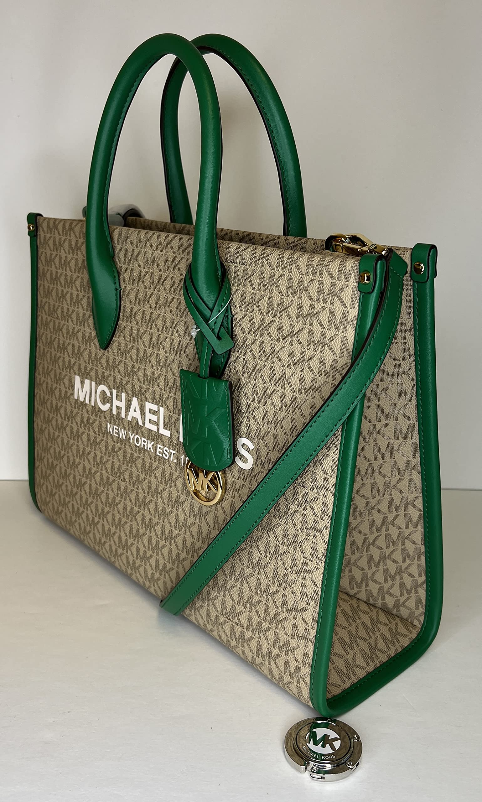 Michael Kors Mirella MD EW Logo Tote Bag bundled with Large Continental Wallet and Purse Hook (Palmetto Green)