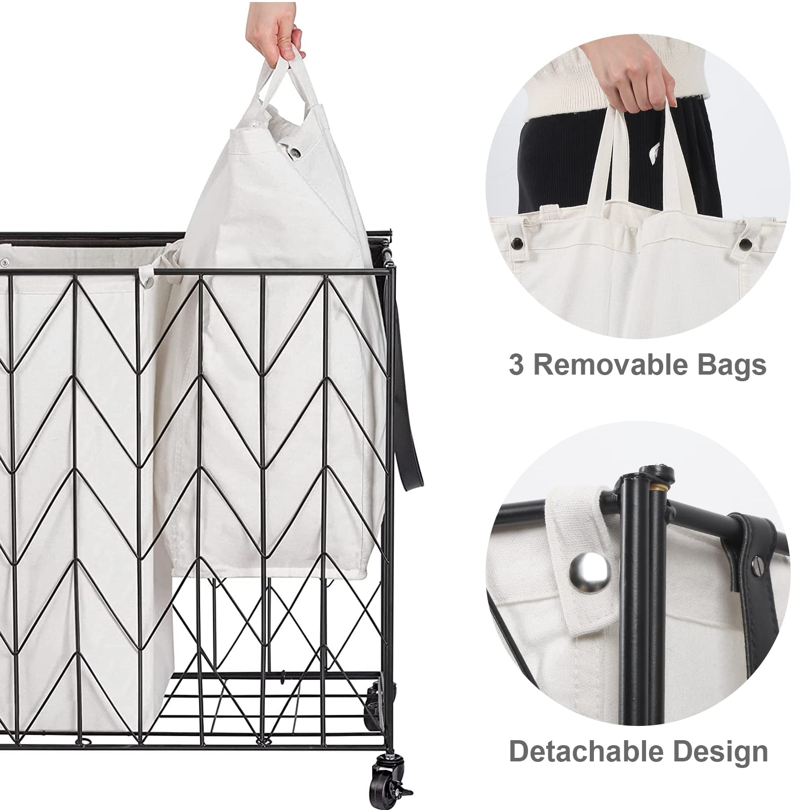 WOWLIVE Laundry Basket with Wheels, 142L Laundry Hamper 3 Section with Lid, Dirty Clothes Hamper with Removable Bags, Large Capacity Iron-Made Laundry Basket Organizer Laundry Sorter for Dorm, Beige
