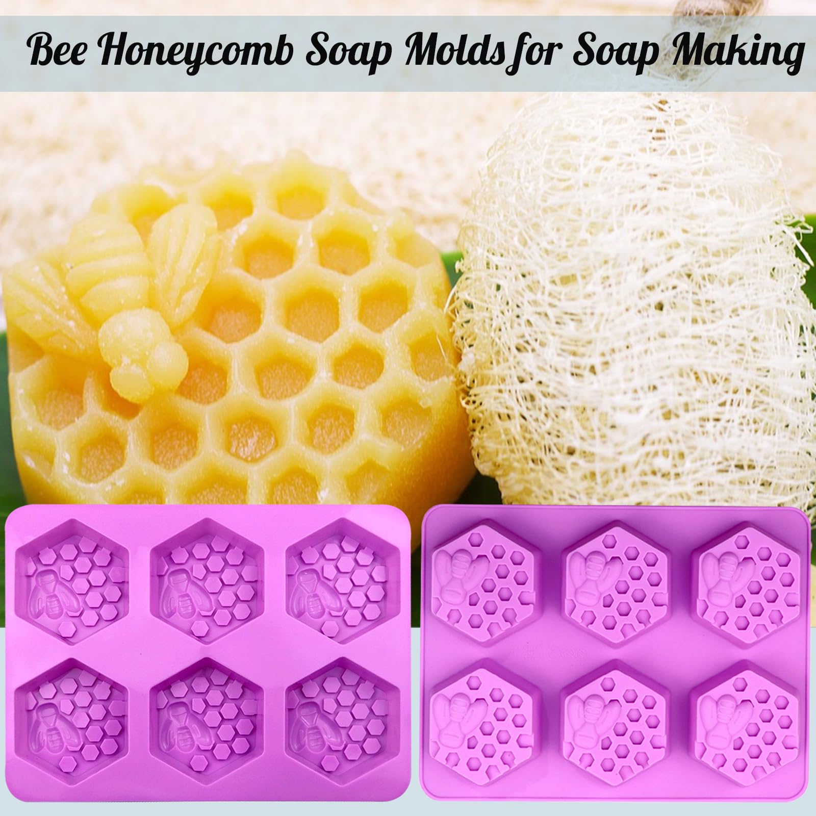 SIQINZONGWA 2 Pack Honeybee Soap Molds, 3D 6-cavity Bee Silicone Soap Molds, Hexagonal Bee Honeycomb Silicone Molds for Homemade Soaps, Beeswax, Resin, Bath Bomb, Jello, Chocolate and Dessert (Purple)