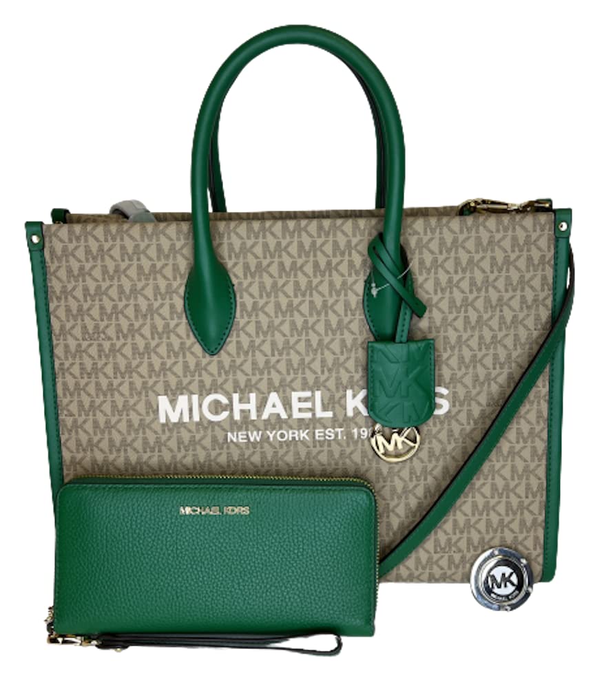 Michael Kors Mirella MD EW Logo Tote Bag bundled with Large Continental Wallet and Purse Hook (Palmetto Green)