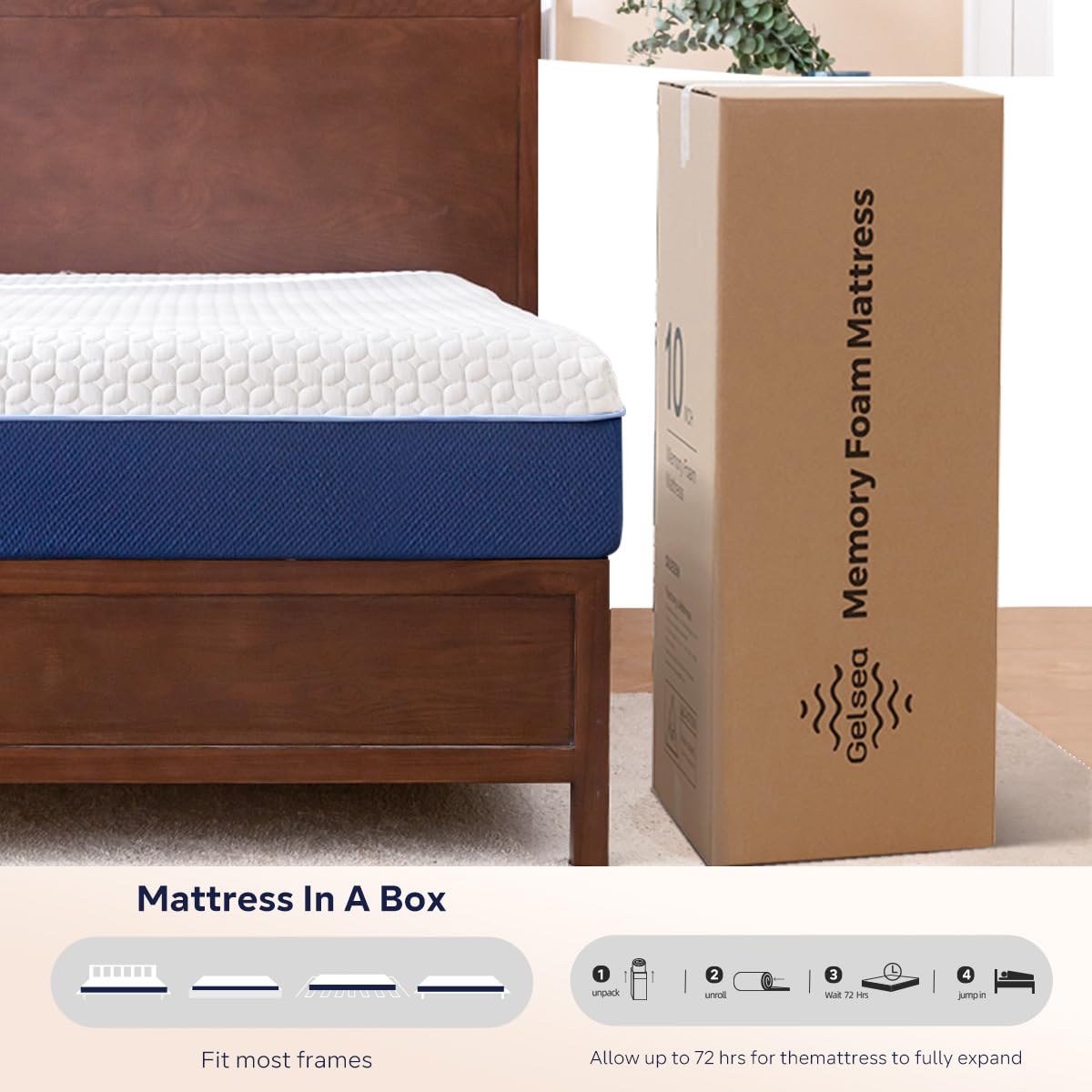 Gelsea Queen Mattress,10 Inch Memory Foam Mattress in a Box,Gel-Infusion for Cooler Sleep,Made in USA,Breathable Cover,Queen Size Bed,60" X 80" X 10"