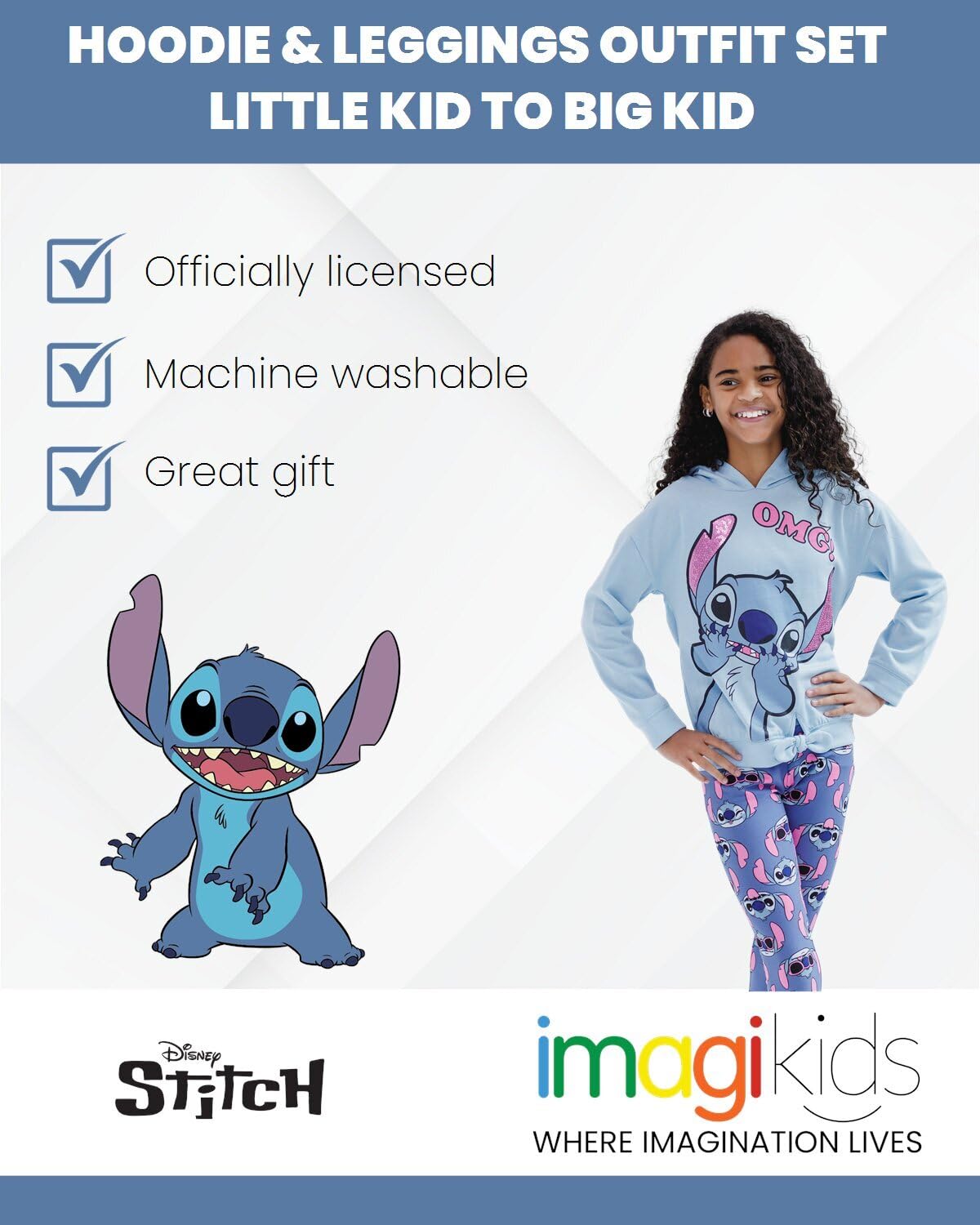Disney Lilo & Stitch Little Girls Pullover FleeceHoodie and Leggings Outfit Set Blue 7-8