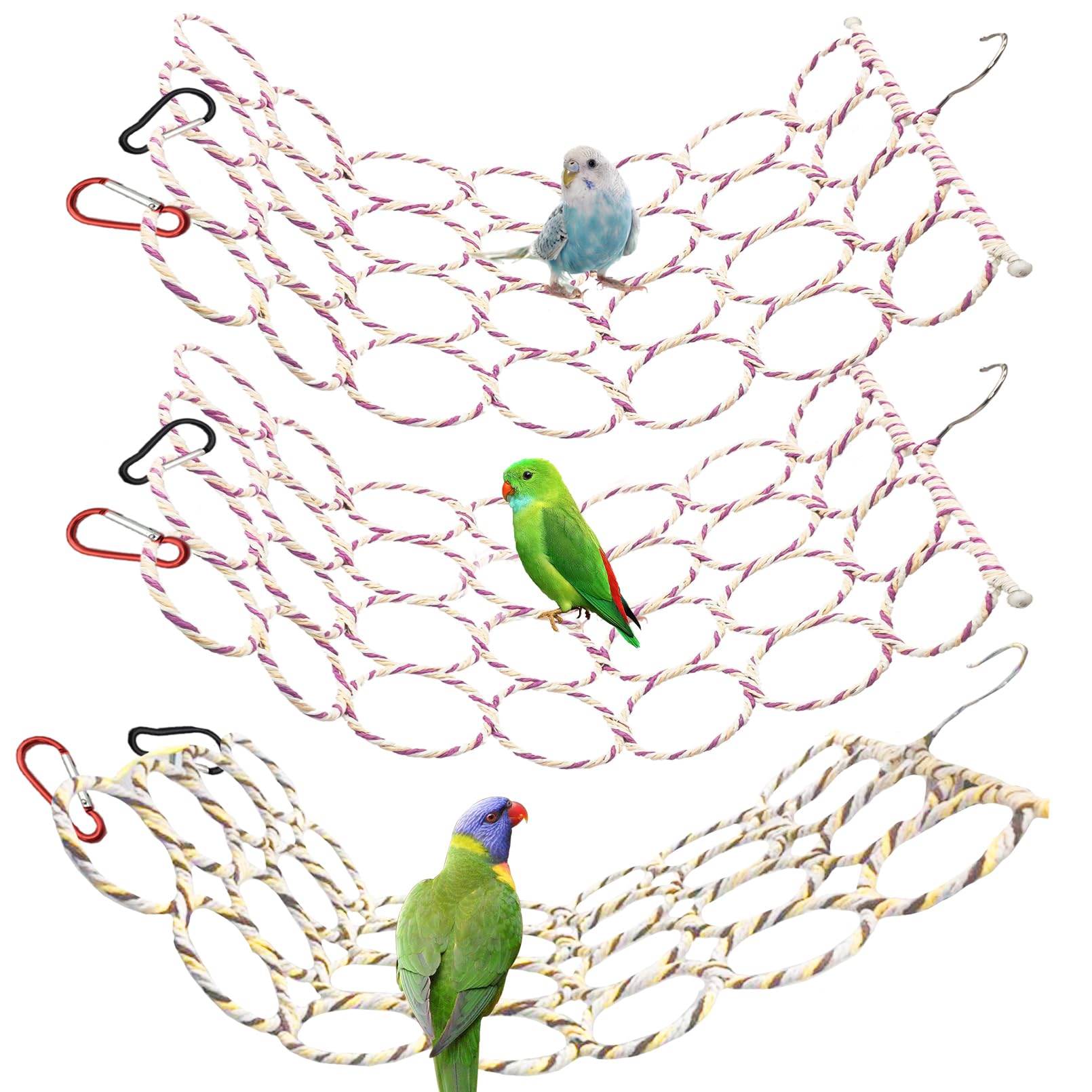 BNOSDM 3 Packs Bird Hemp Rope Net Swing Climbing Rope Net for Birds Parrot Ladder Macaw Hanging Hammock Activity Toy for Rats Parakeet Cockatiel Cockatoo Conure African Grey Budgie