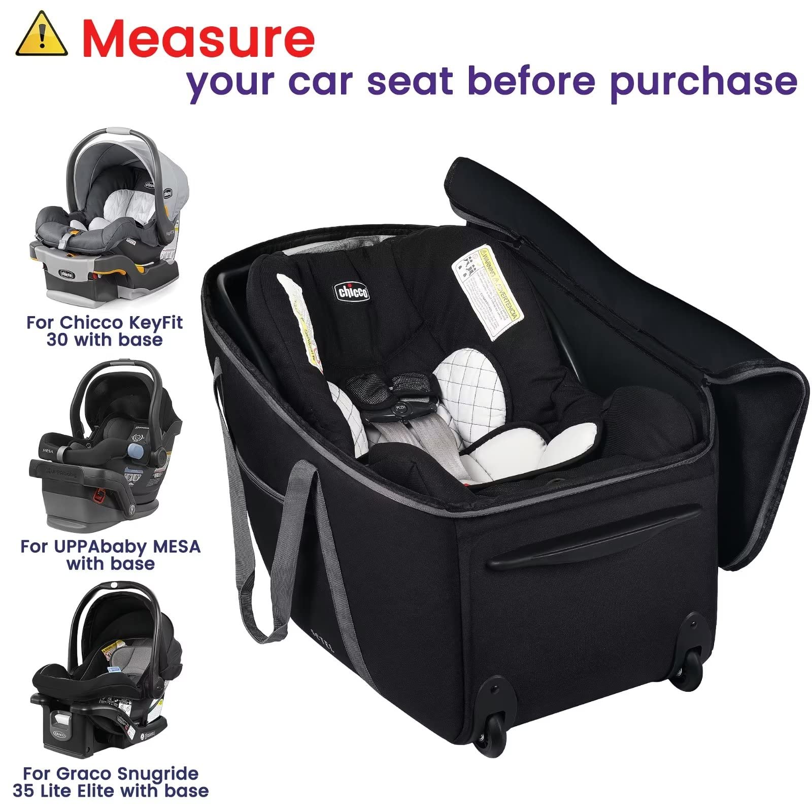 SCTEL Car Seat Travel Bag for Airplane Fits Chicco KeyFit 30, UPPAbaby MESA, Nuna Pipa, Padded Car Seat Bag with Wheels, Infant Gate Check Bag with side pocket, Protective Feet, Adjustable Handle