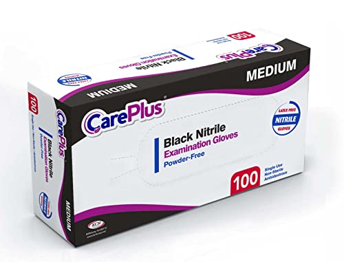 Care Plus Medical Exam Nitrile Gloves Medium Black, Latex Free Powder Free, Non Sterile Exam, Food Safe, Mechanic, 100 Count