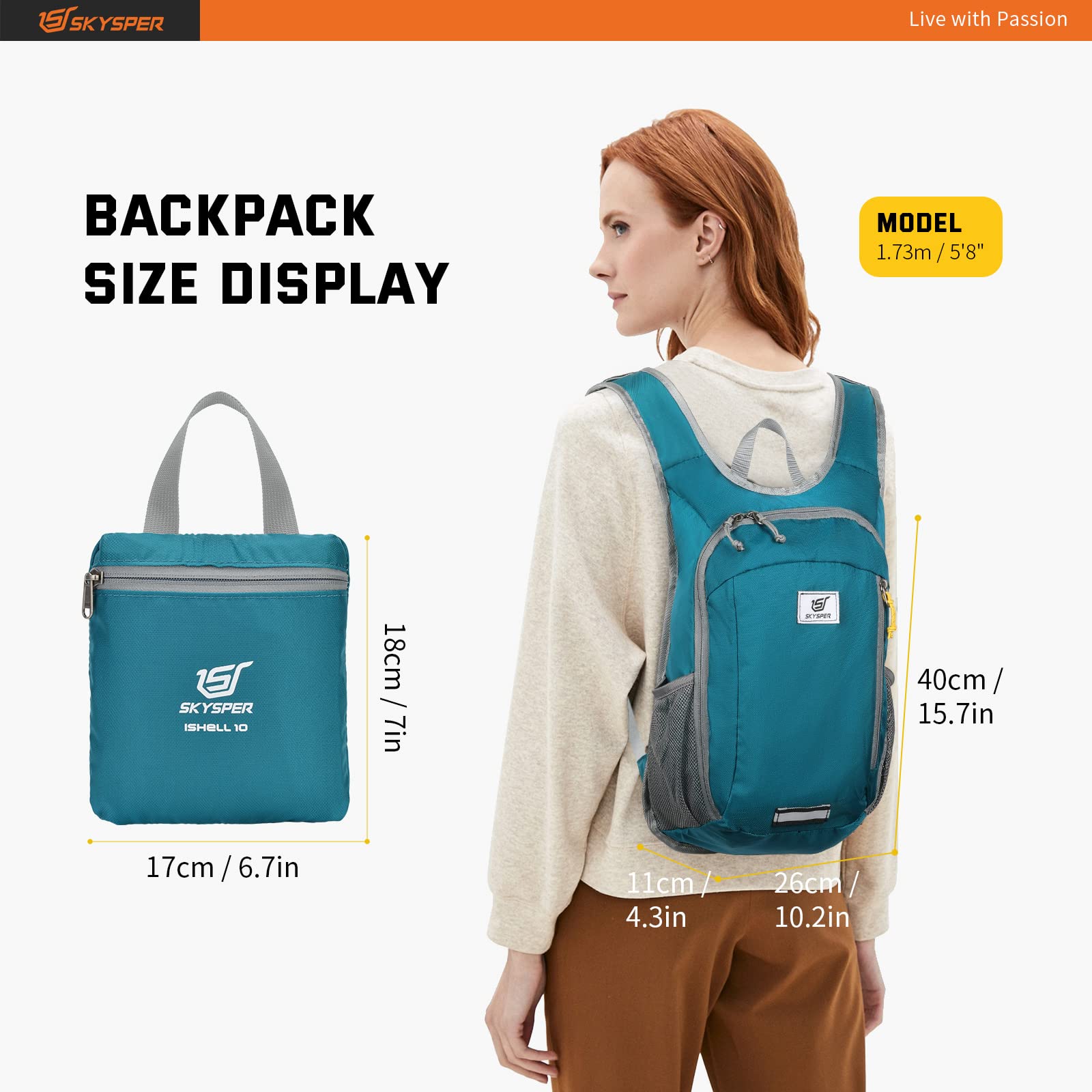 SKYSPER Small Daypack 10L Hiking Backpack Packable Lightweight Travel Day Pack for Women Men(Cyan)