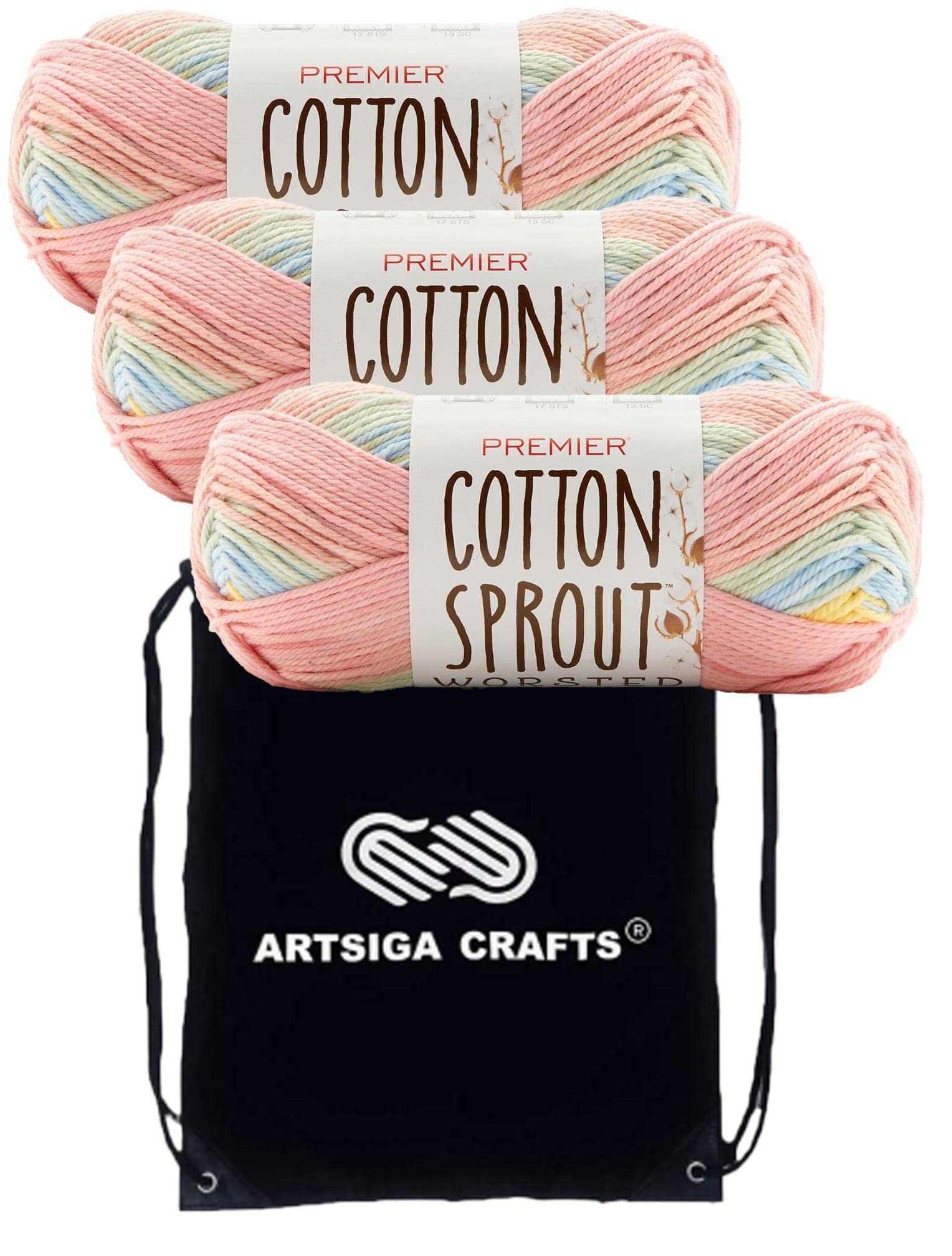Premier Yarns Cotton Sprout Worsted Multi Salt Water Taffy 2102-04 (3-Skeins - Same Dye Lot) Worsted Medium #4 Cotton Yarn for Crocheting and Knitting with Project Bag