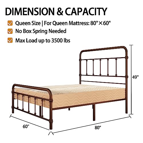 Macbimony Queen-Bed-Frame with headboard Giselle-Vintage Antique-Metal - Platform Mattress Foundation,49 inch High,No Box Spring Needed(Brown)