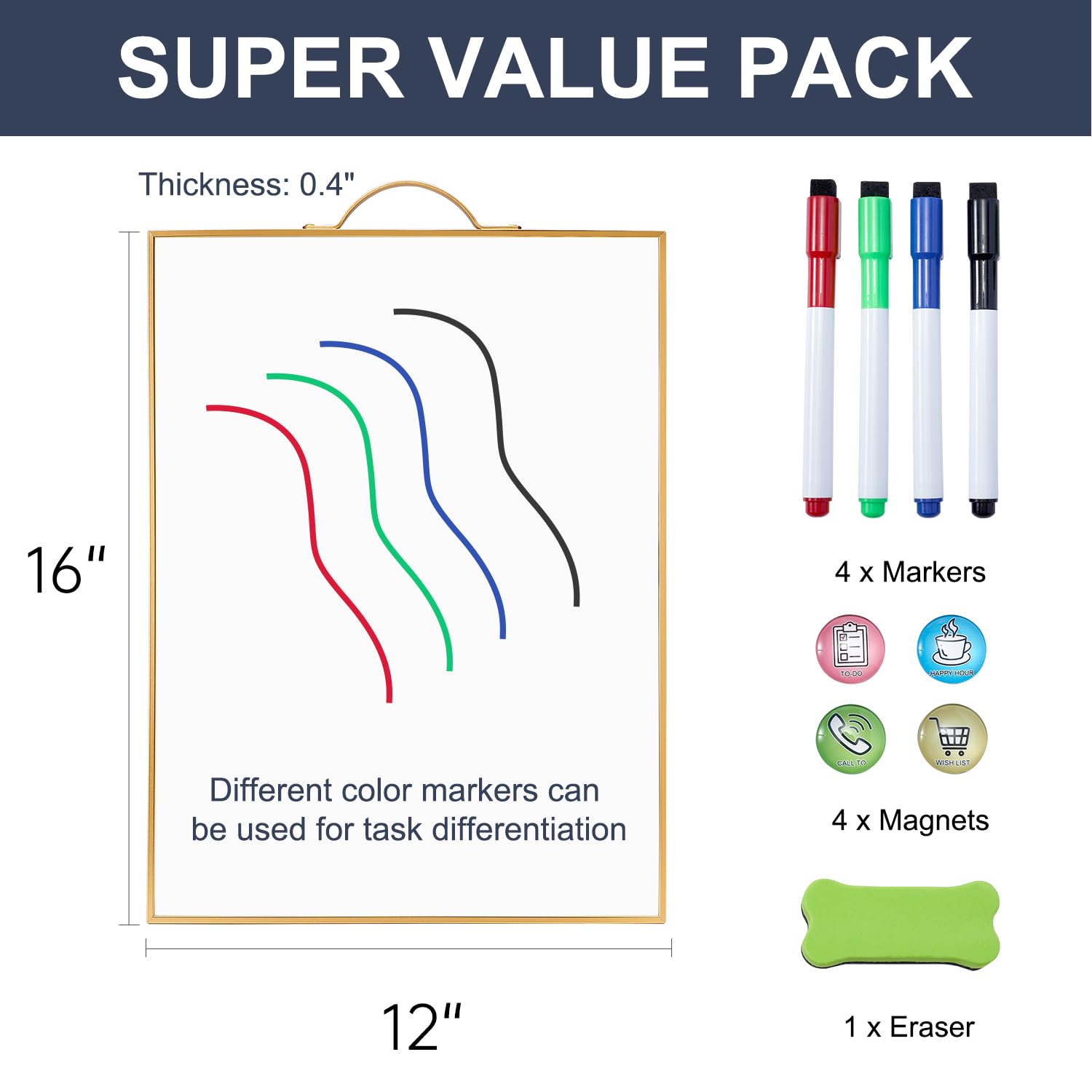 TANKEE Small Dry Erase Board - 16" X 12" Portable White Board, Double-Sided Hanging Whiteboard for Wall, Erasable Mini Magnetic Marker Board for Office, Home, Kitchen, Room, Aluminum Frame