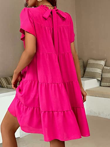 Verdusa Women's Tie Back Petal Sleeve Mock Neck Ruffle Hem A Line Swing Smock Dress Hot Pink L