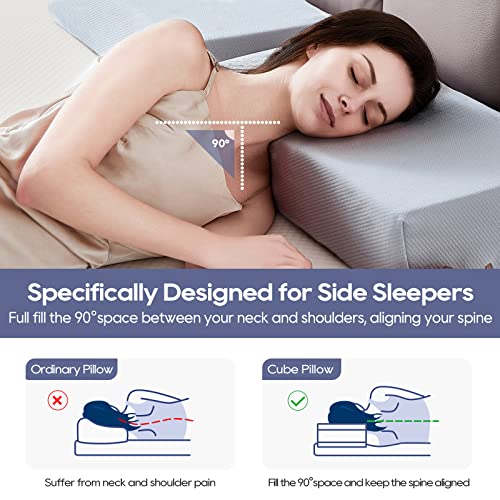 Cube Pillow for Side Sleepers (24"x12"x6", Extra Thick), Memory Foam Rectangle Pillow Support Neck and Shoulder for Pain Relief, Bed Pillow for Sleeping with Removable Cover - King, Queen|Gray