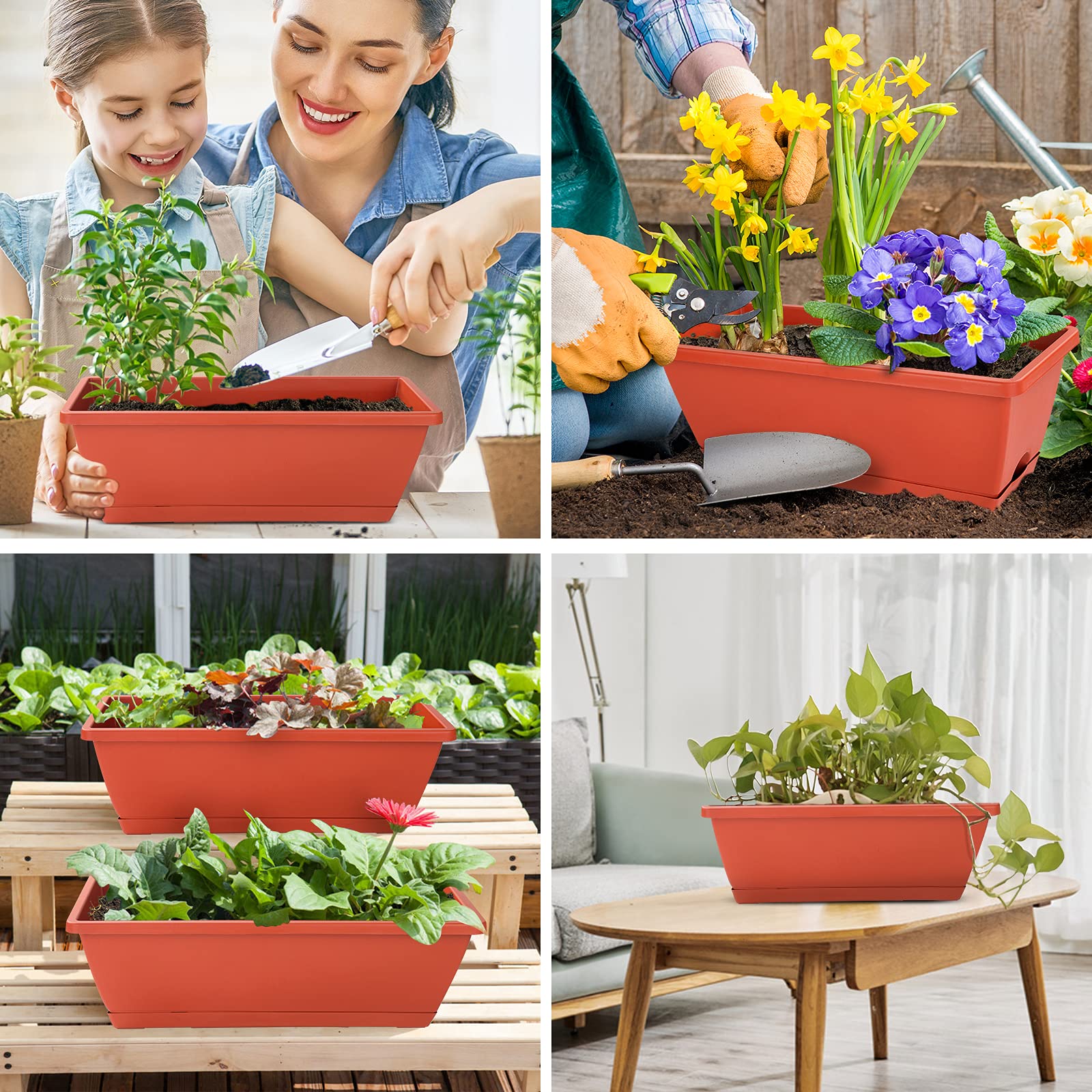 CHUKEMAOYI Window Box Planter, 12 Pack Plastic Vegetable Flower Planters Boxes 17 Inches Rectangular Flower Pots with Saucers for Indoor Outdoor Garden, Patio, Home Decor (Brick red)