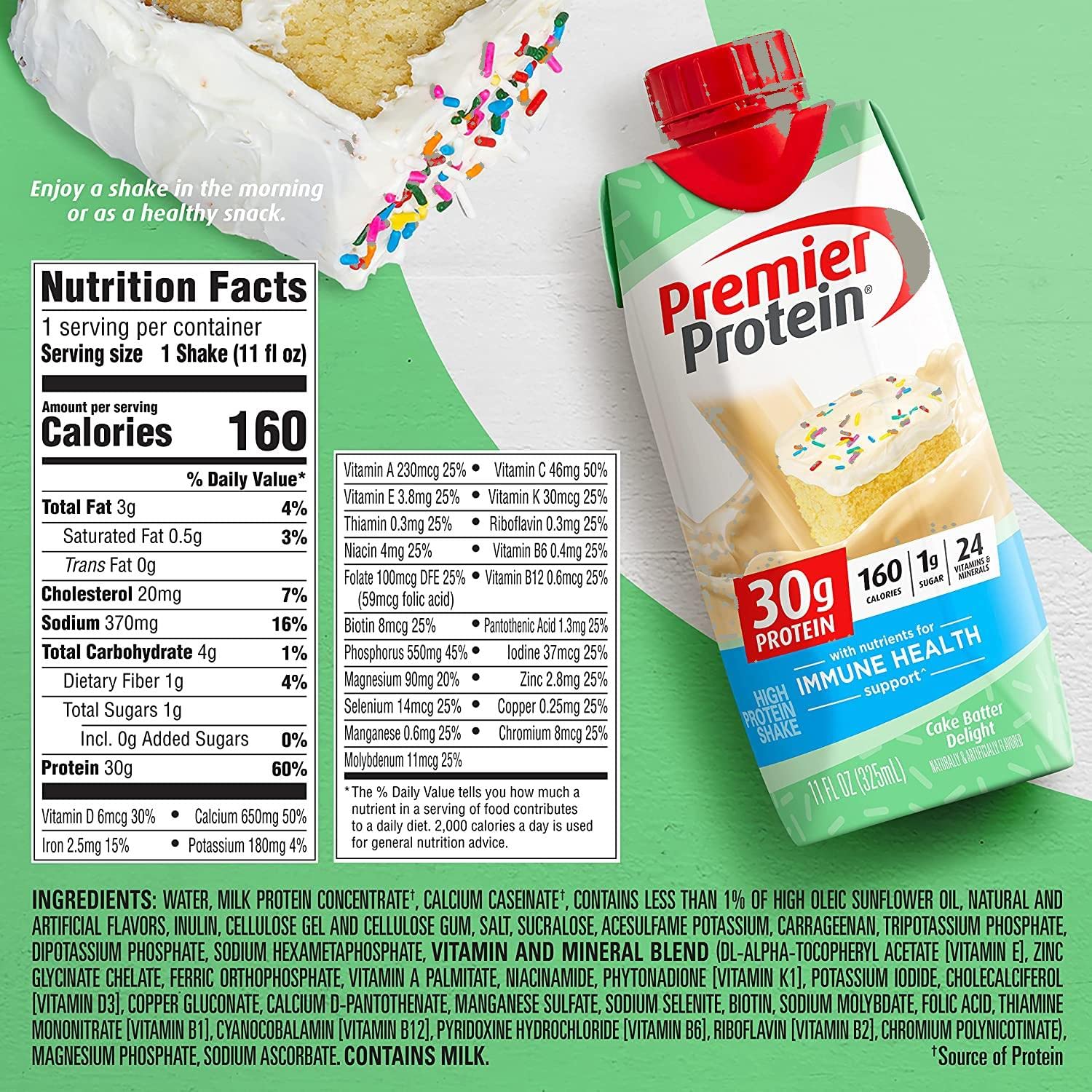 Premier High Protien Shakes Variety Sampler Pack, 11 Fl. Oz Each - Cafe Latte, Chocolate, Vanilla, Caramel, Cake Batter, Chocolate Peanut Butter - 2 of Each Flavor (12 Pack) in The Award Box
