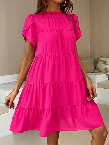 Verdusa Women's Tie Back Petal Sleeve Mock Neck Ruffle Hem A Line Swing Smock Dress Hot Pink L