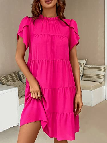 Verdusa Women's Tie Back Petal Sleeve Mock Neck Ruffle Hem A Line Swing Smock Dress Hot Pink L